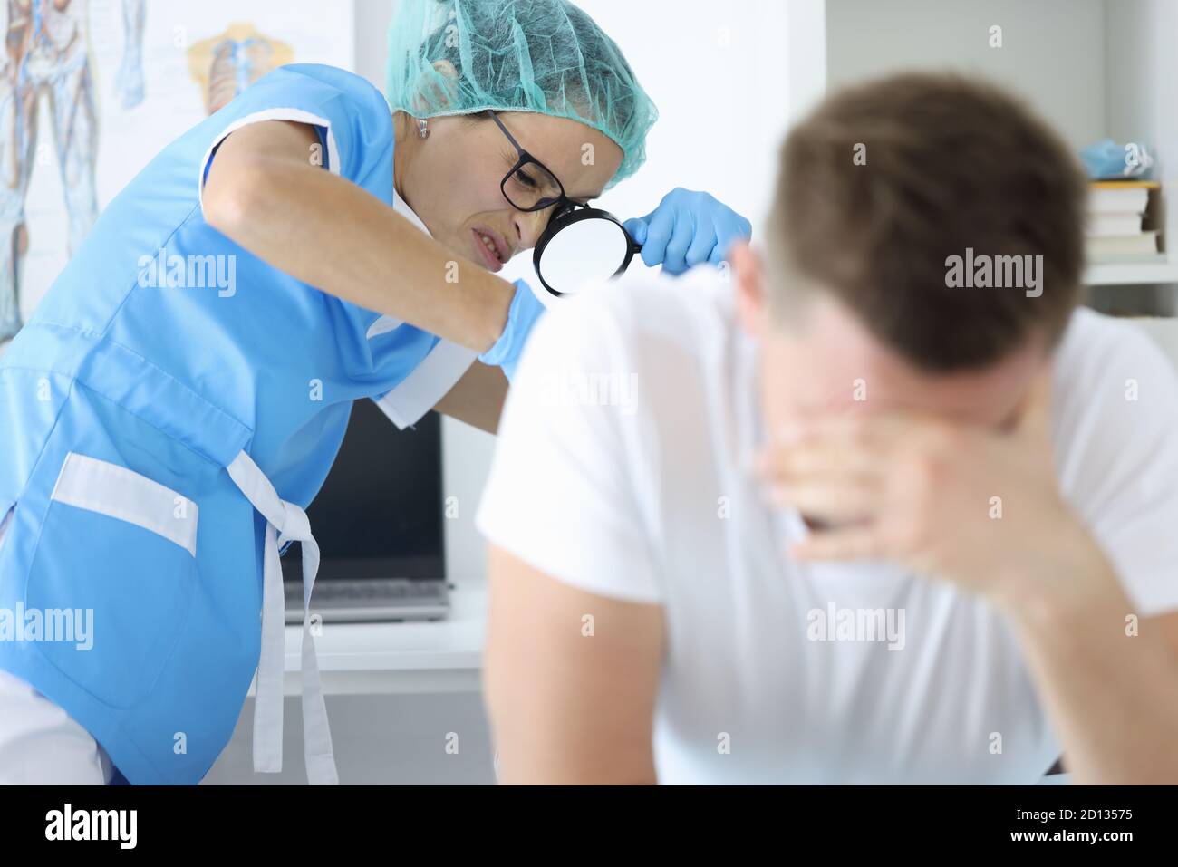 Practitioner Doctor With Magnifying Glass In His Hand Examines Rectum