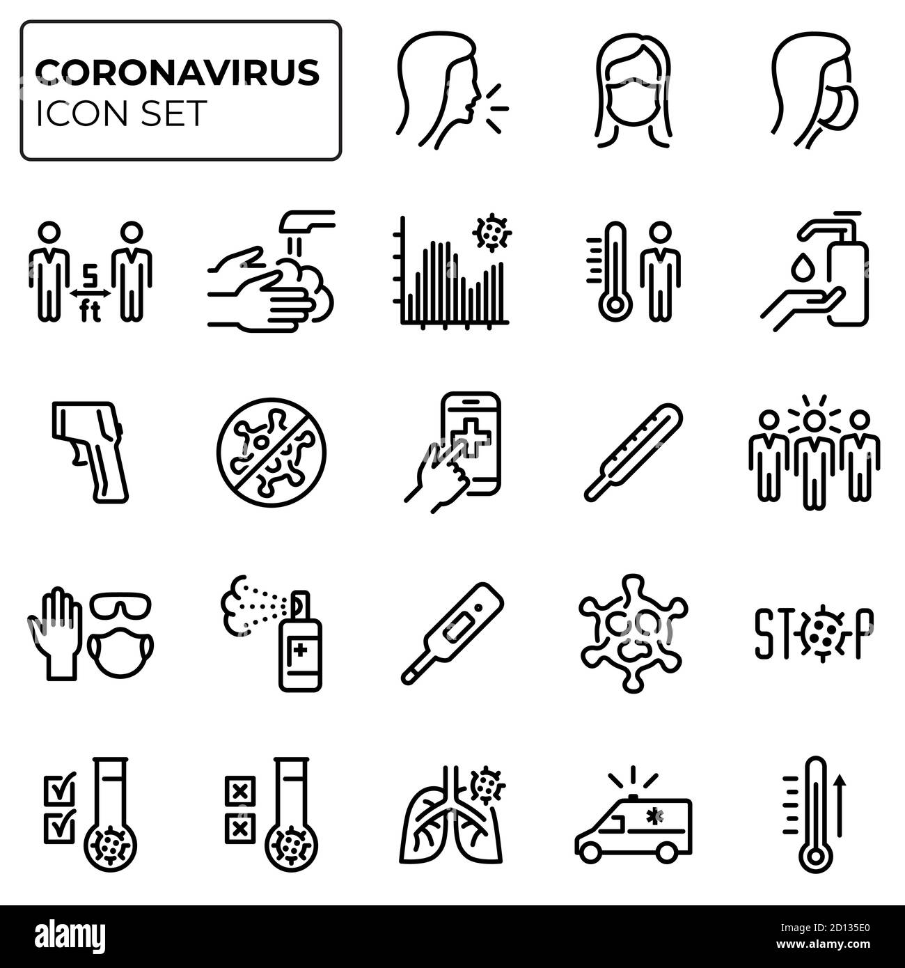Coronavirus outline icons set. Second wave of coronavirus epidemics ...