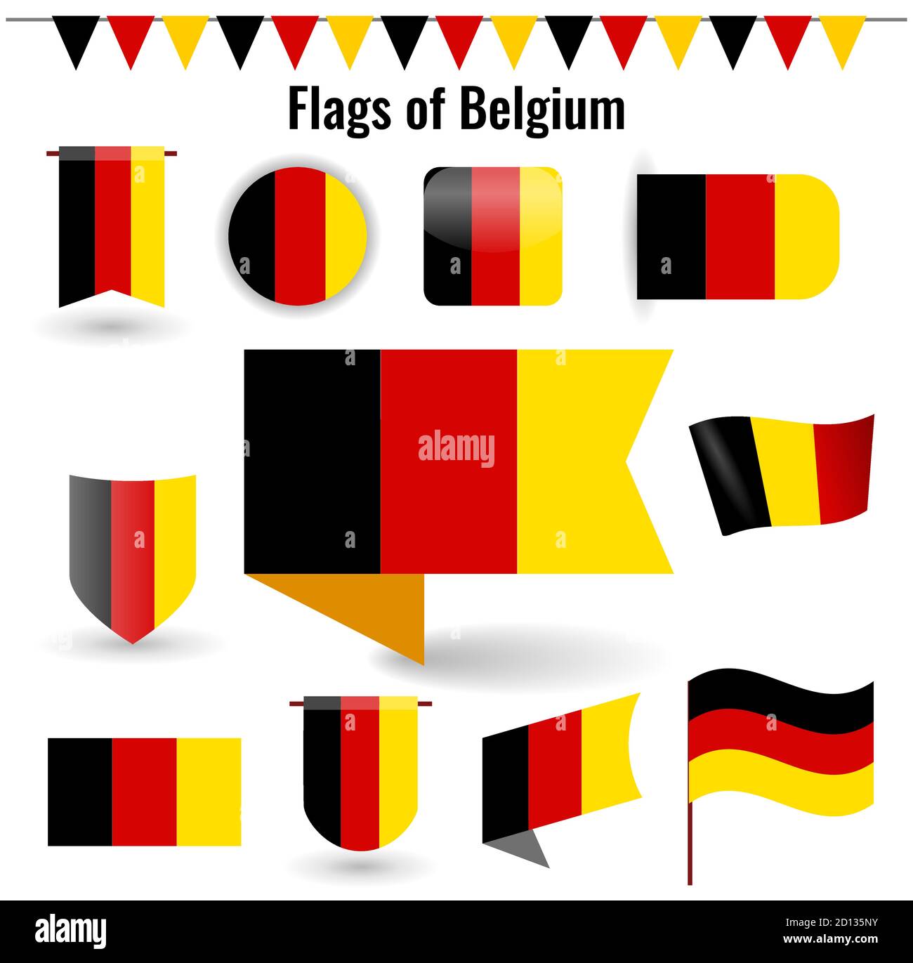 A large set of icons and signs with the flag of the Belgium. Square and ...