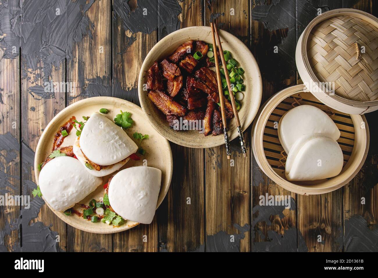 Asian sandwich steamed gua bao buns with pork belly, greens and ...