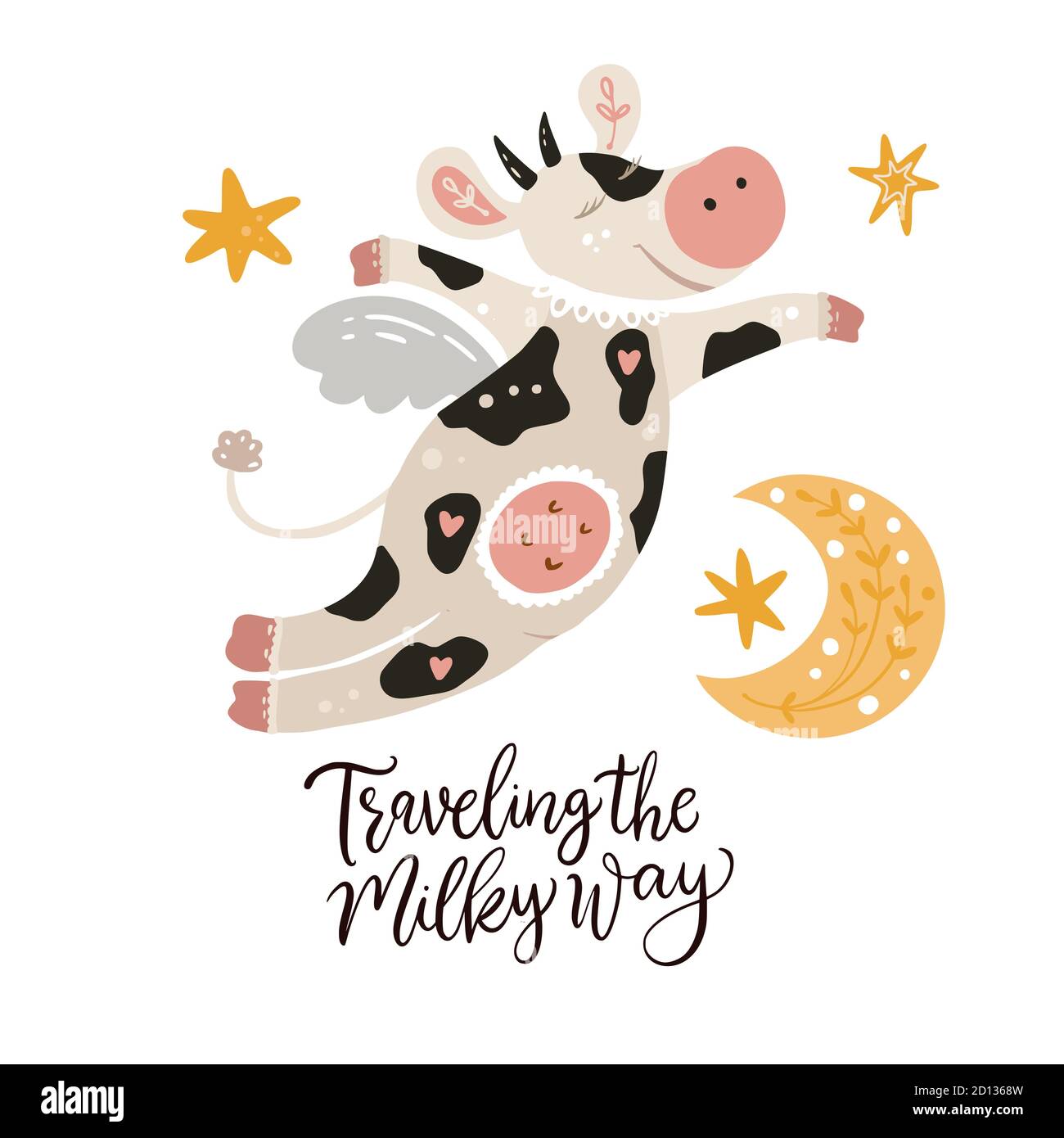 Christmas cute cartoon cow among stars and moon. Vector poster with ...