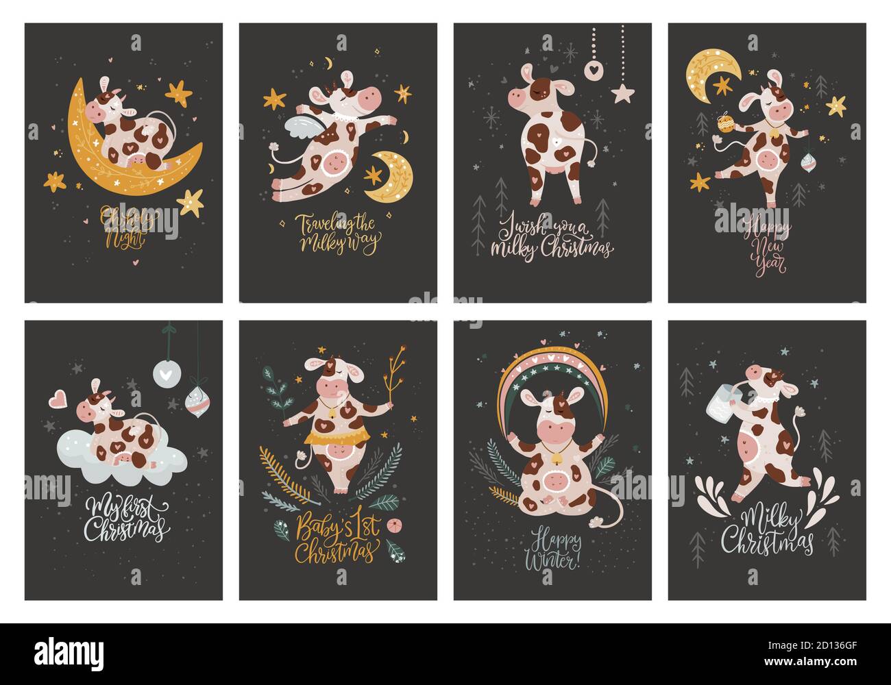 Christmas cow cartoon vector card banner set. Greeting New Year poster ...