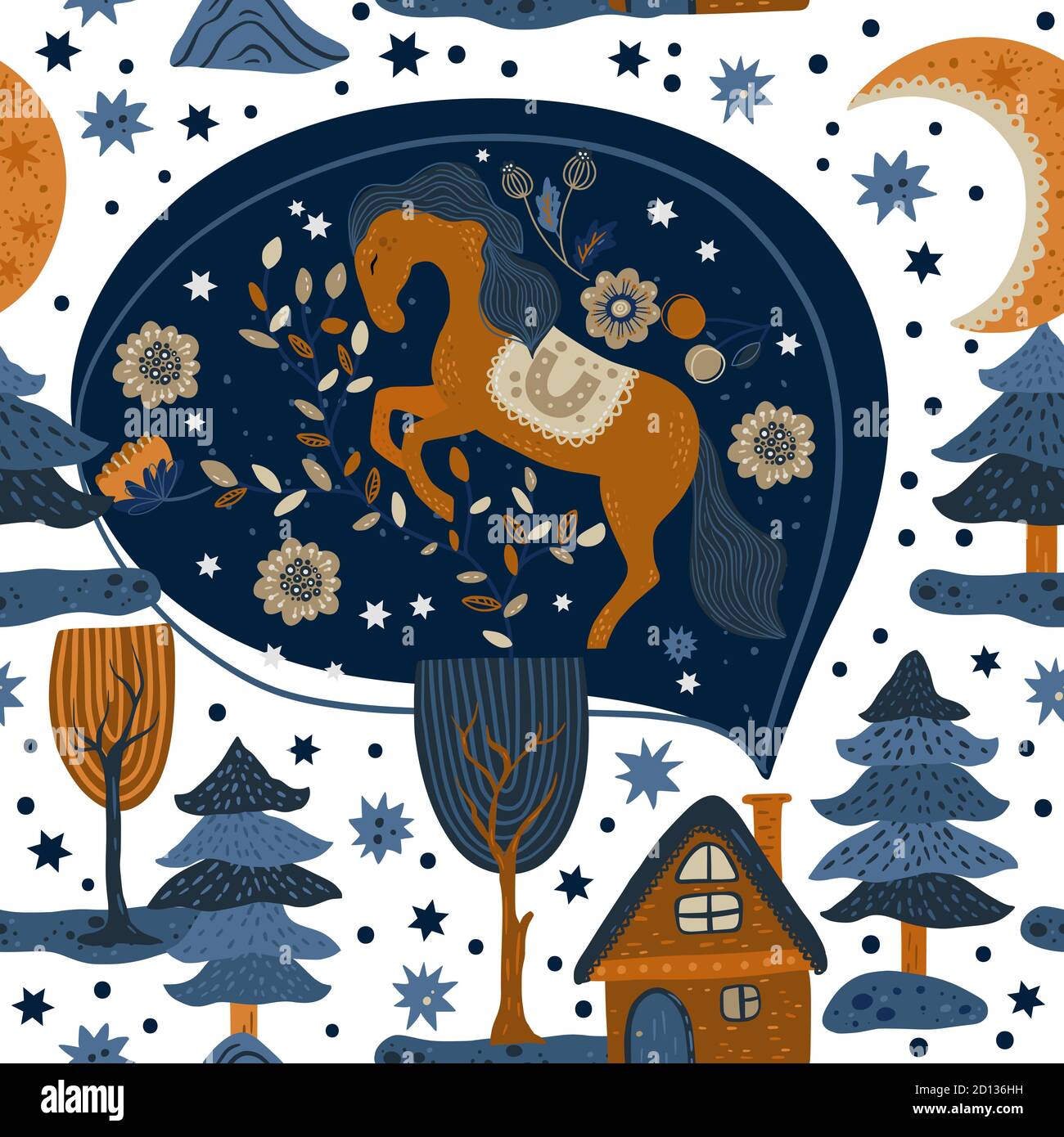 Nordic scandinavian horse animal seamless vector pattern with house ...
