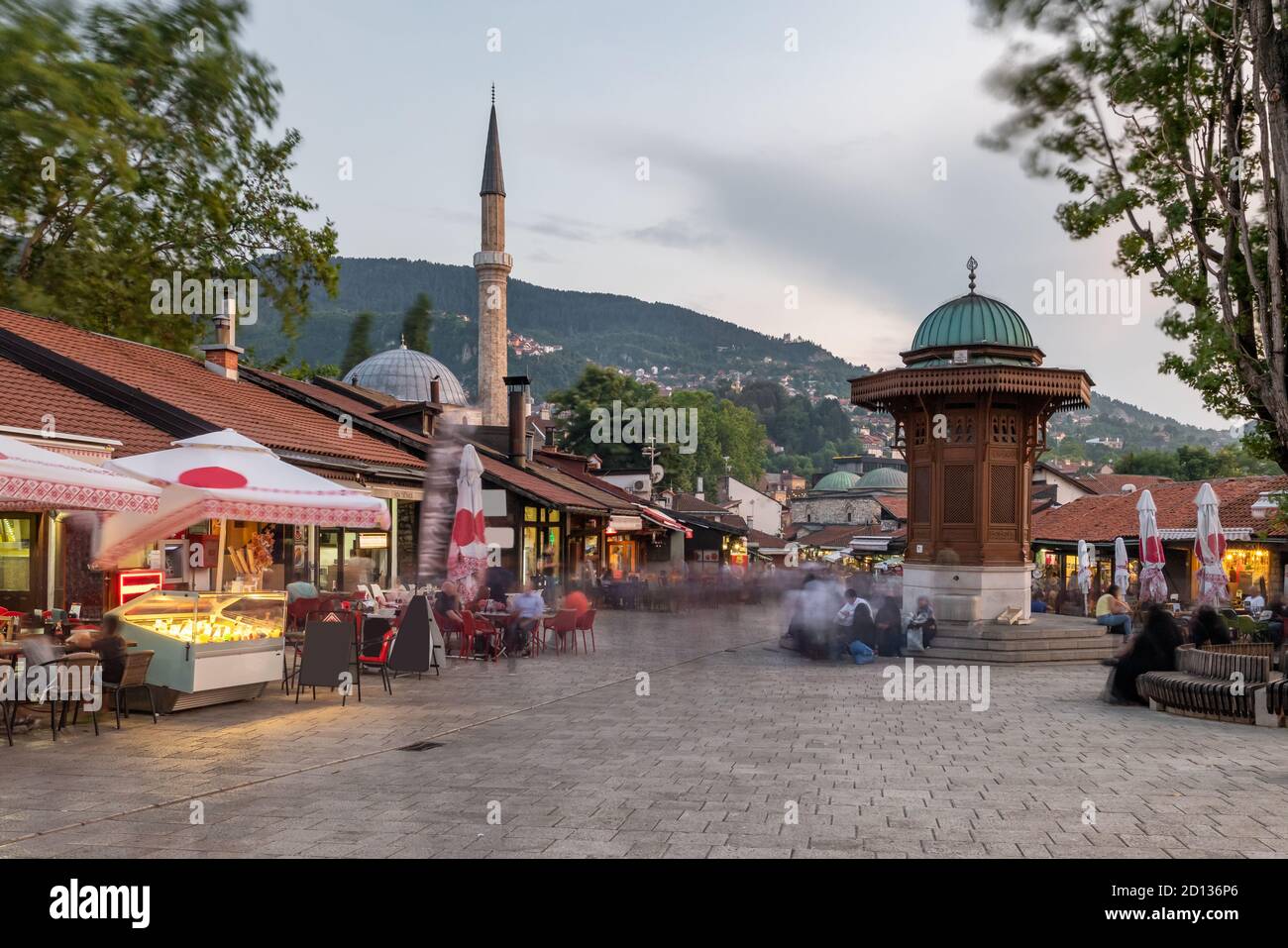 Bascarsija square with Sebilj wooden fountain in Old Town Sarajevo in ...