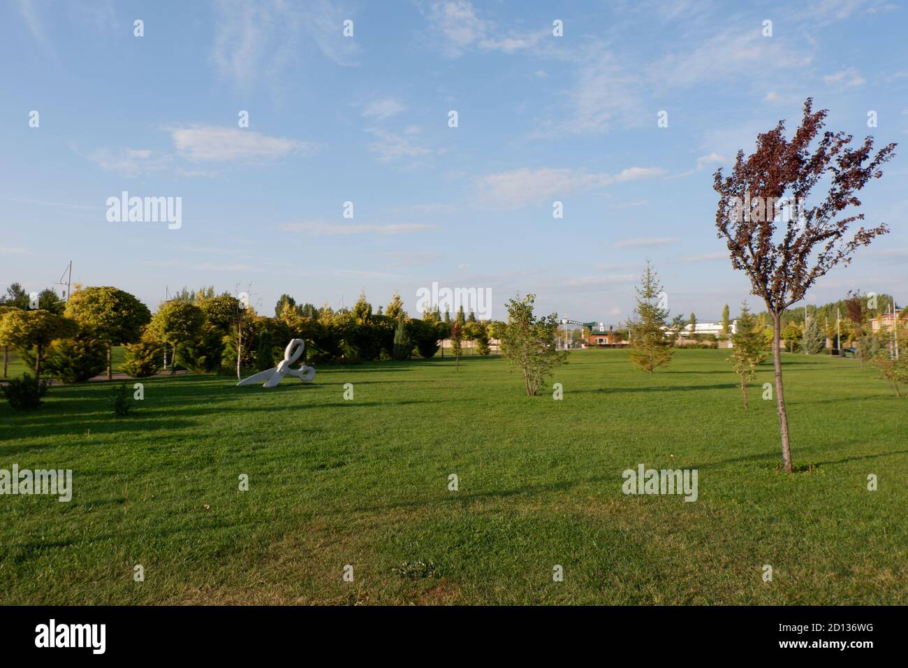 Green grass and tress with a scissor model on the ground Stock Photo ...