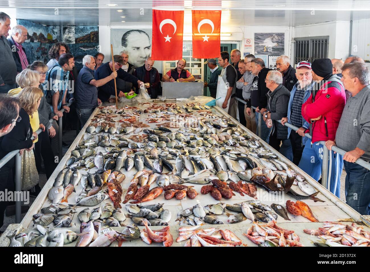 Various fresh fish for sale at seafood auction at Alacati fish market ...