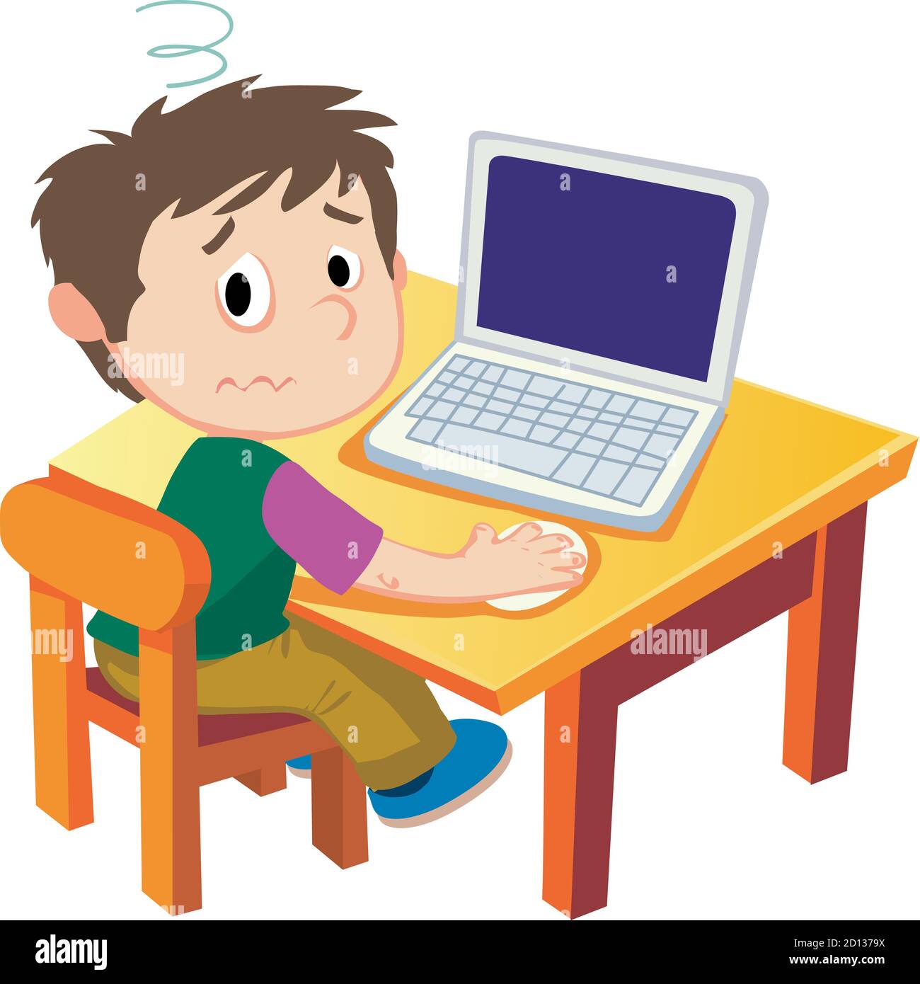little boy gets tired because he has been using the computer for a long ...