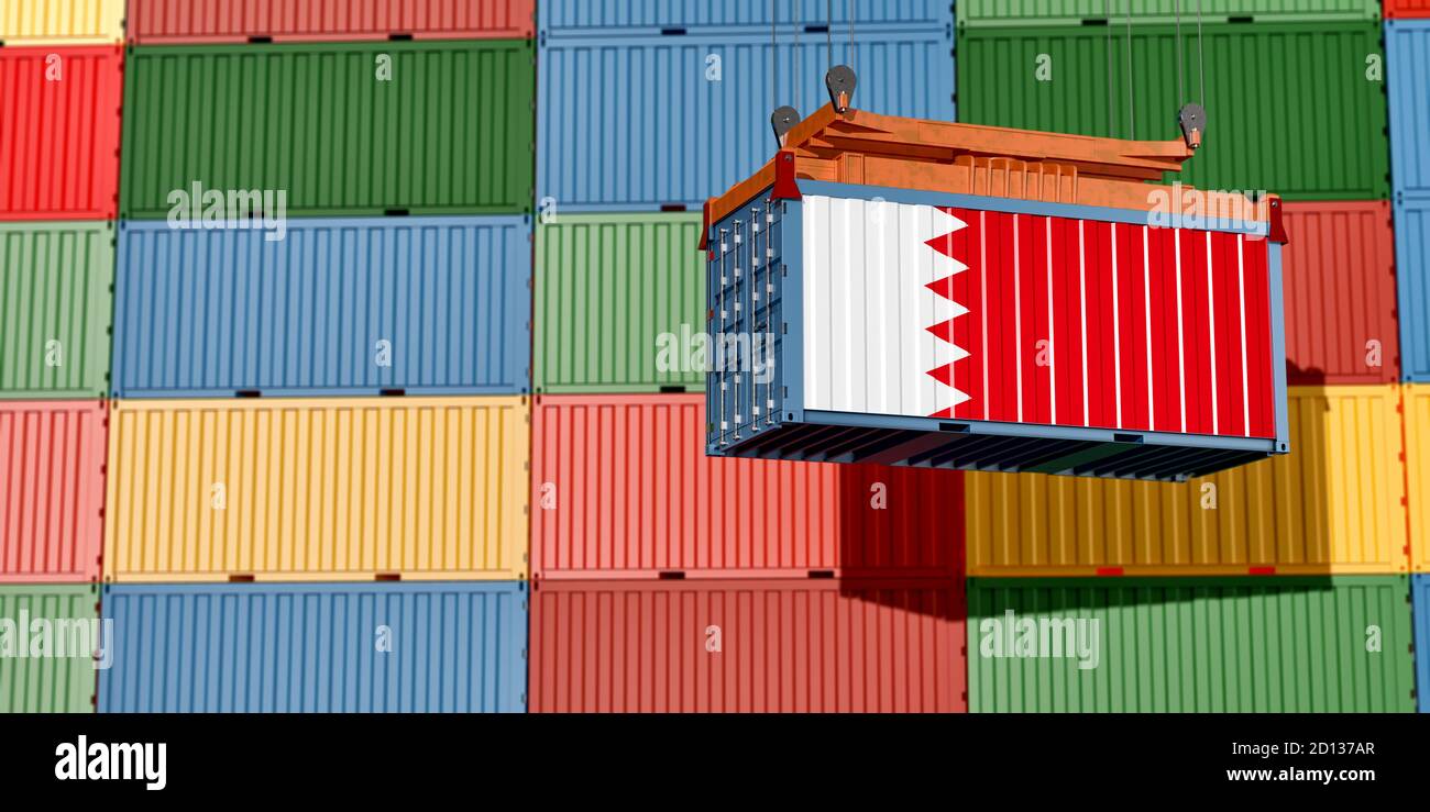 Freight container with Bahrain national flag. 3D Rendering Stock Photo ...