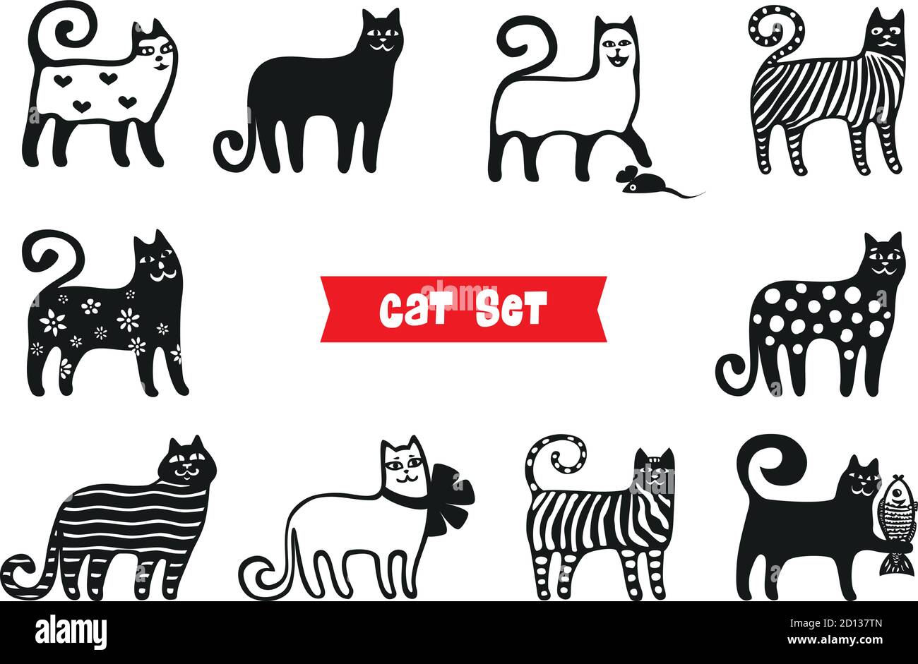 Funny cats set. Black cats silhouette collections. Cartoon style Stock ...