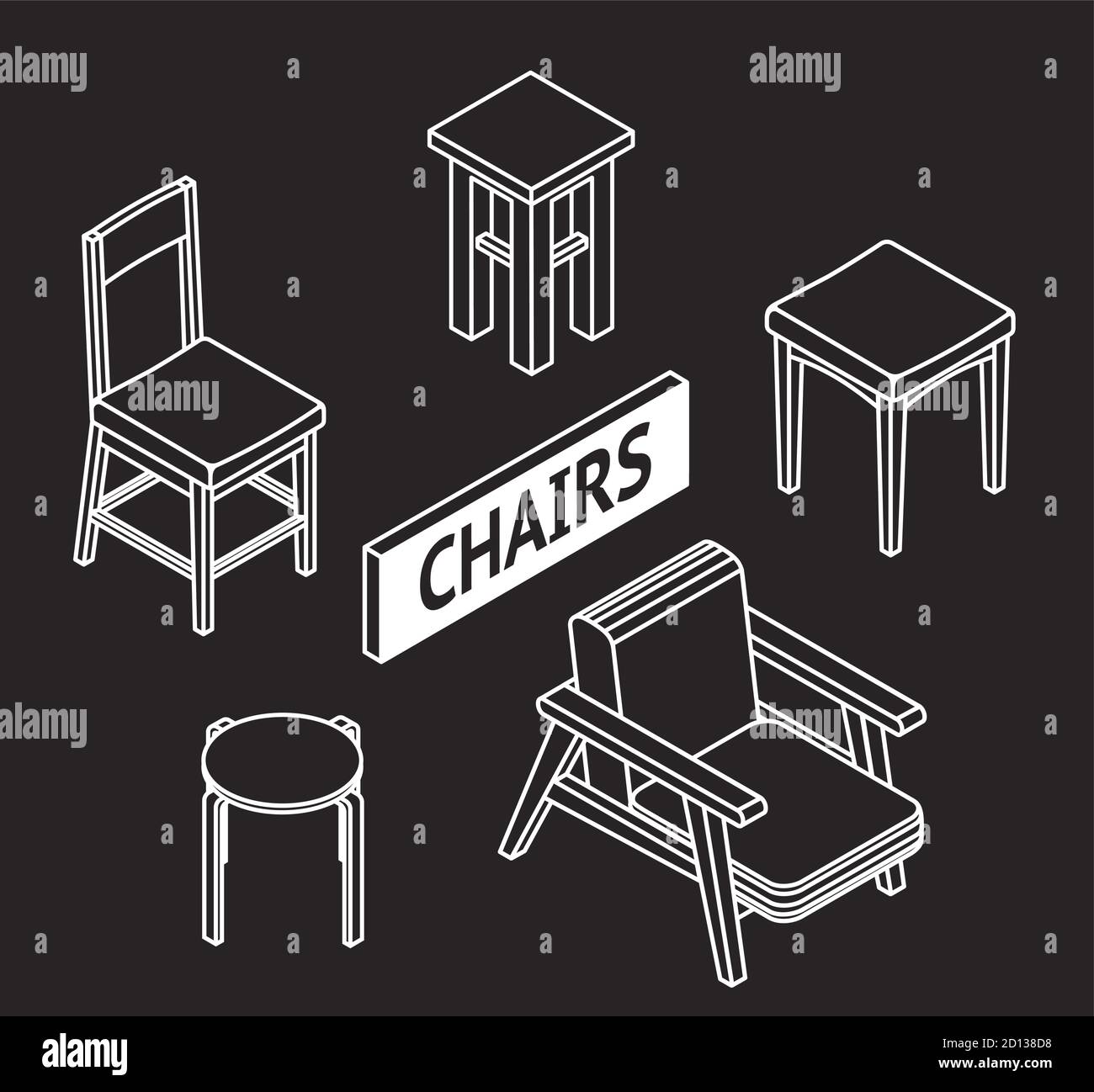 3D line drawn isometric chairs. white on dark background Stock Vector ...