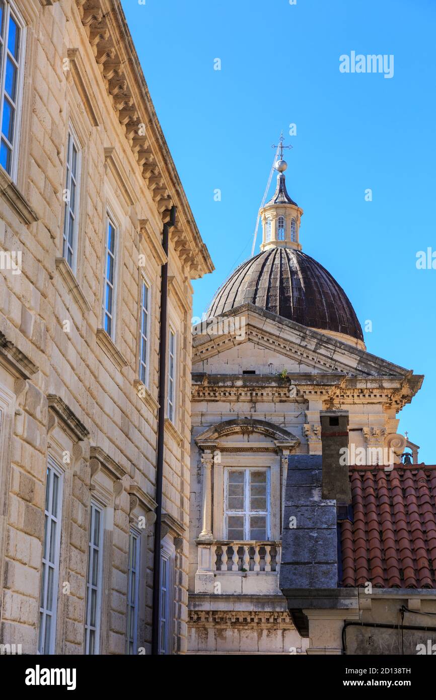 Historic architecture and limestone buildings along Dubrovnik City Wall ...