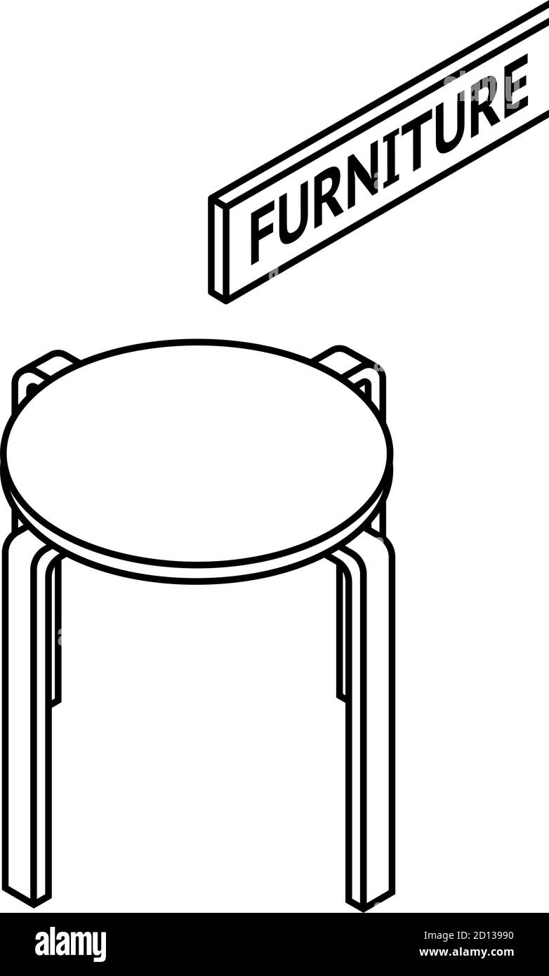 Isometric outline furniture. 3D line drawn isometric round stool. white ...