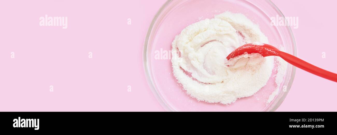 Collagen white powder. Pastel color background. Health product Stock ...