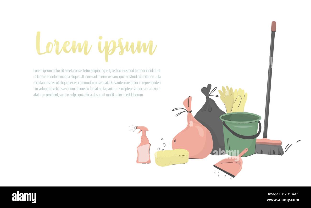 House cleaning banner - colorful household items. Bucket, mop, scoop ...