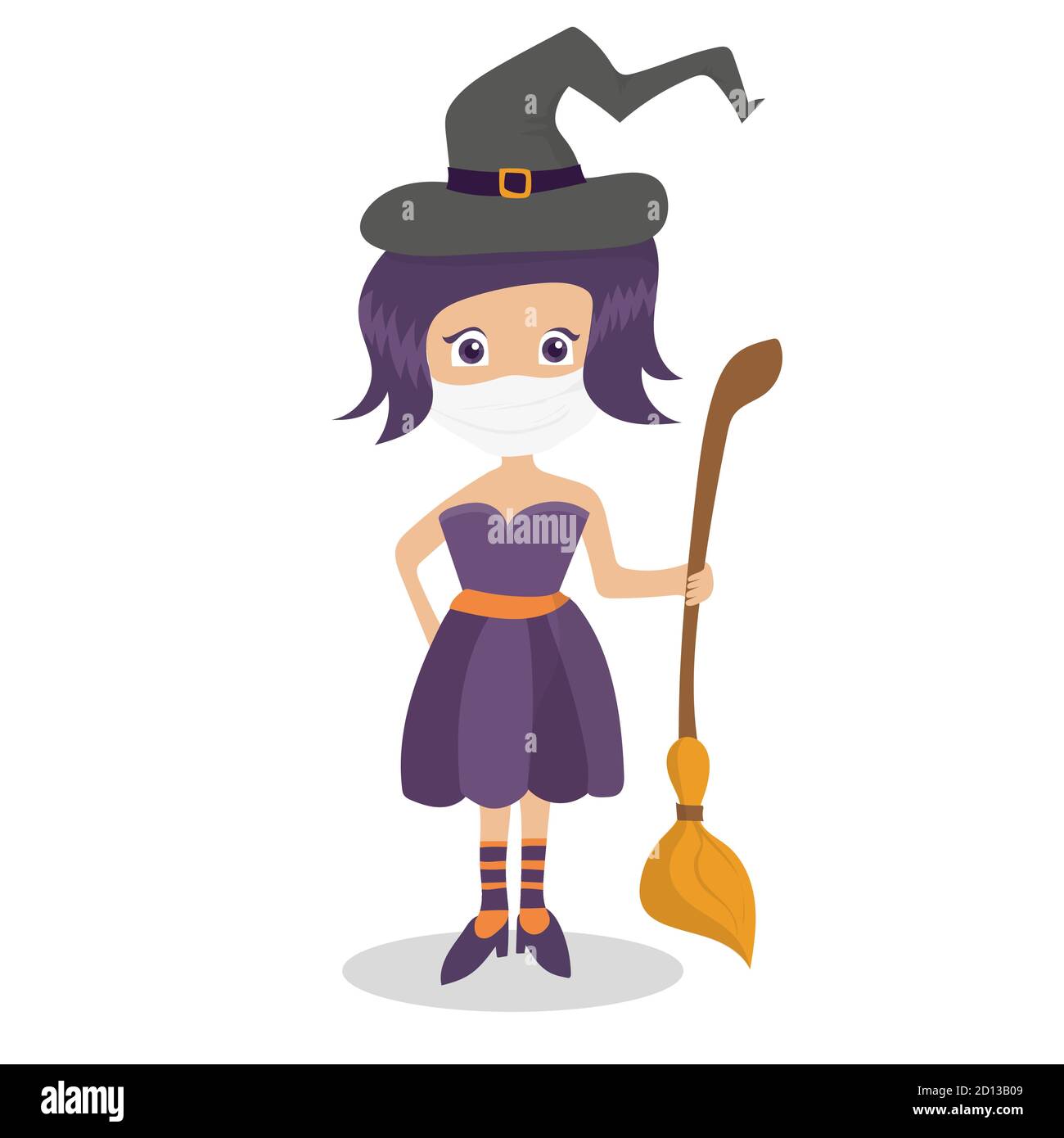 Cute witch wearing medical face mask on white. Coronavirus vector ...