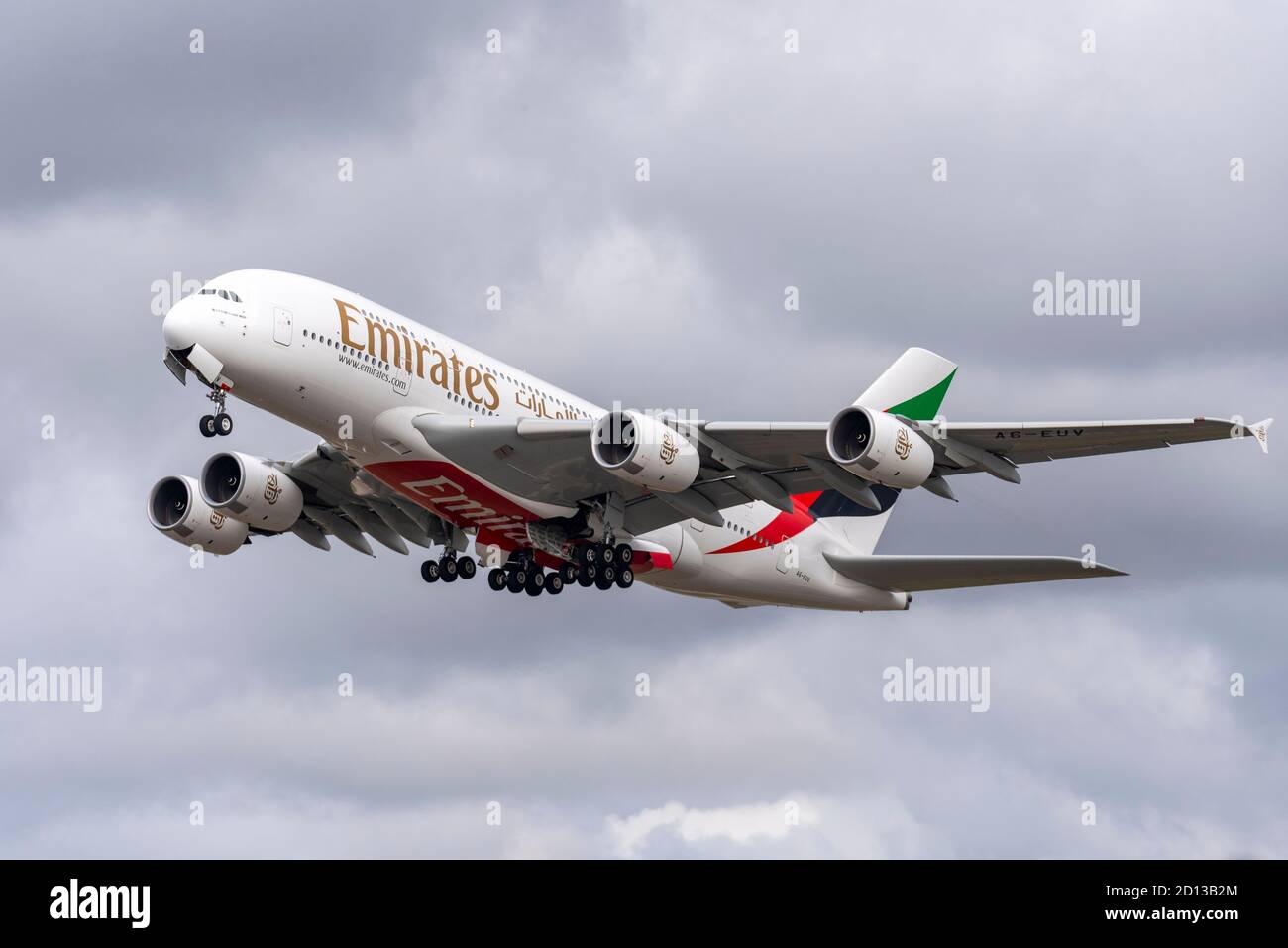 Emirates Airbus A380 jet airliner plane A6-EUV taking off in bad ...