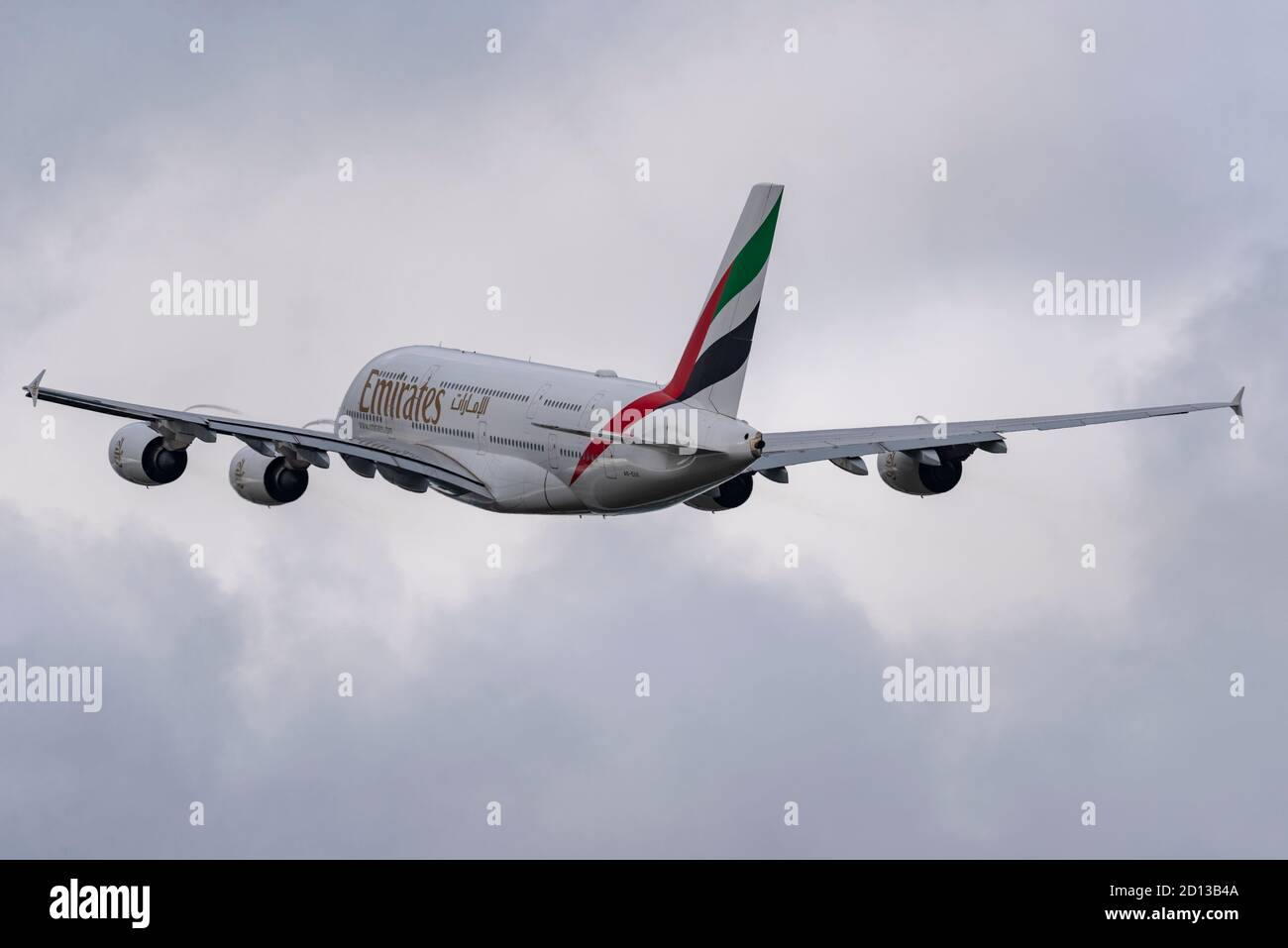 Emirates Airbus A380 jet airliner plane A6-EUV taking off in bad ...