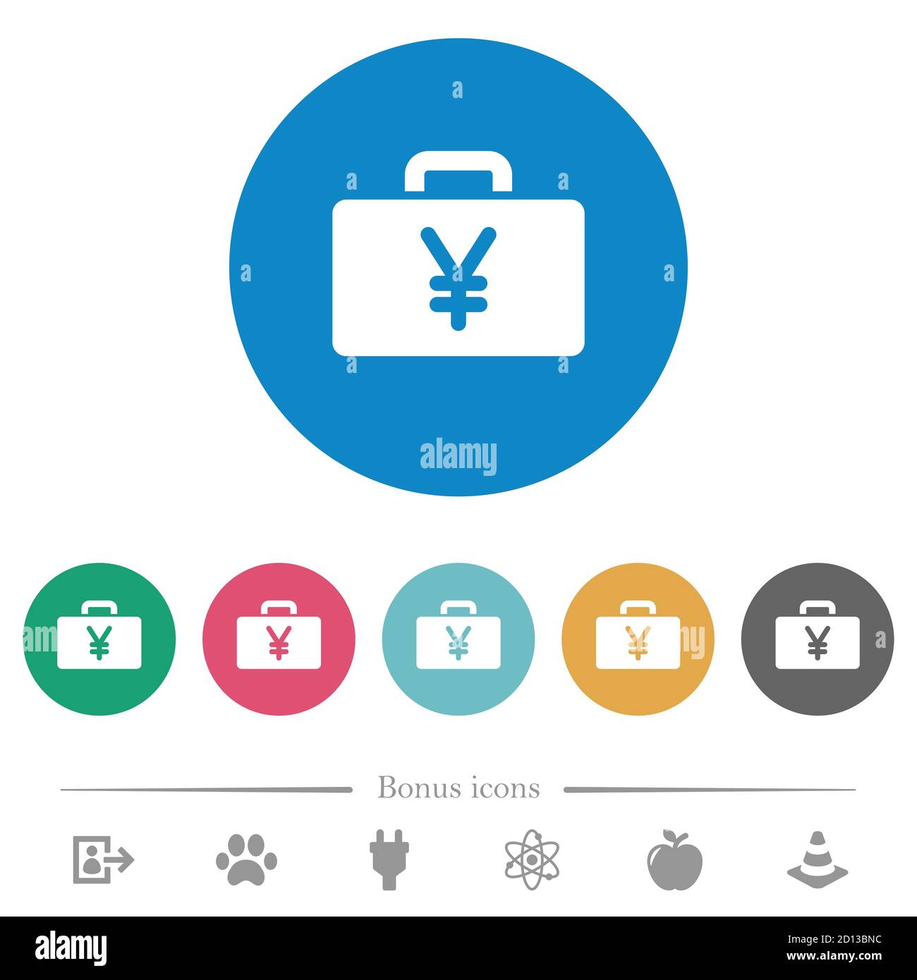 Yen bag flat white icons on round color backgrounds. 6 bonus icons ...