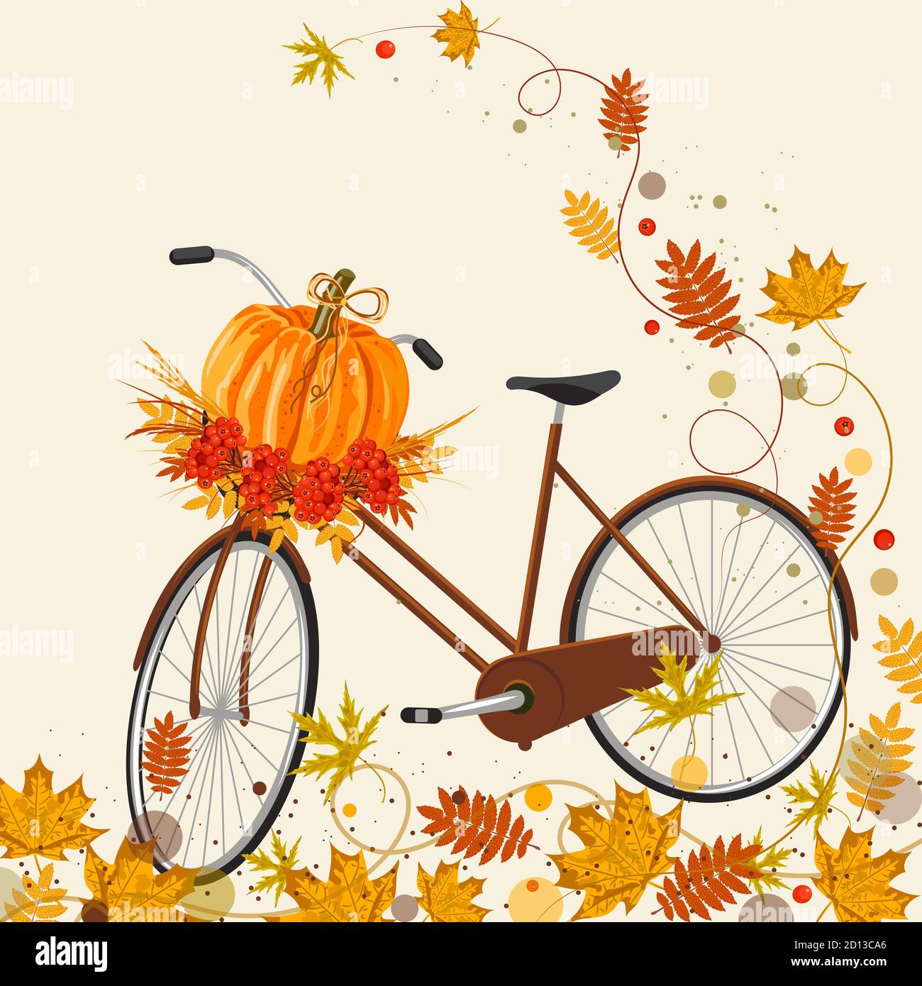 Autumn background with bicycle, pumpkin and colorful leaves Stock ...