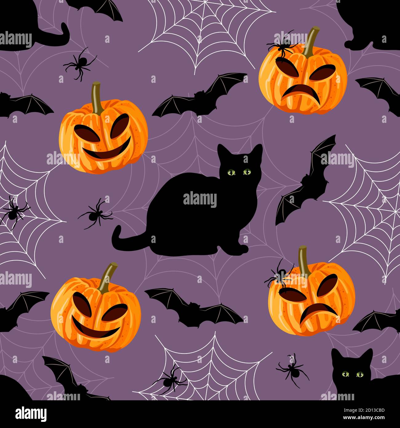 Halloween seamless pattern with black cat, bat, spider, web and pumpkin ...