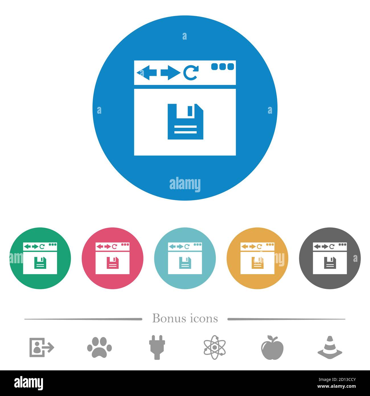 Browser save flat white icons on round color backgrounds. 6 bonus icons ...