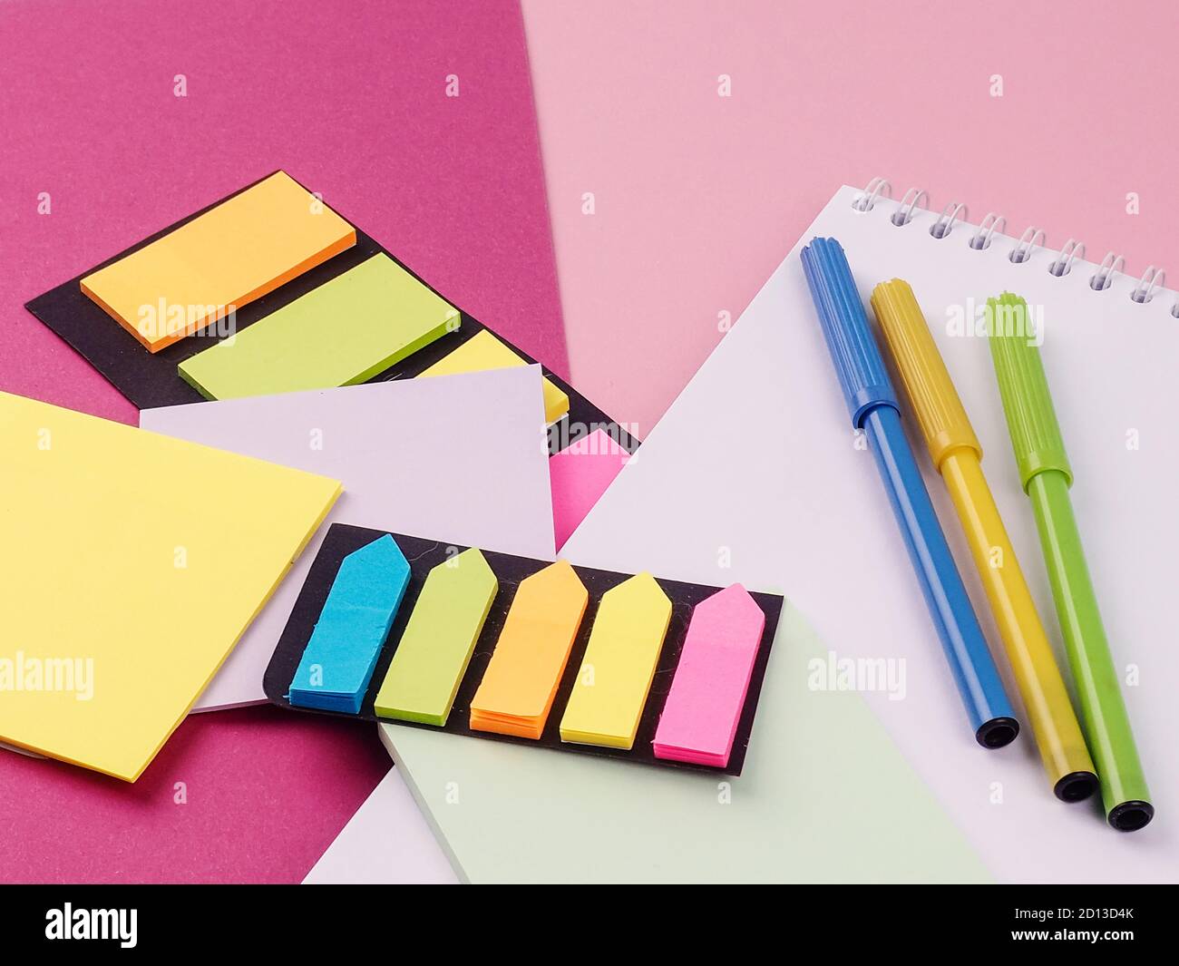 Office Table With Empty Notebook, paper stickers, Office tools ...