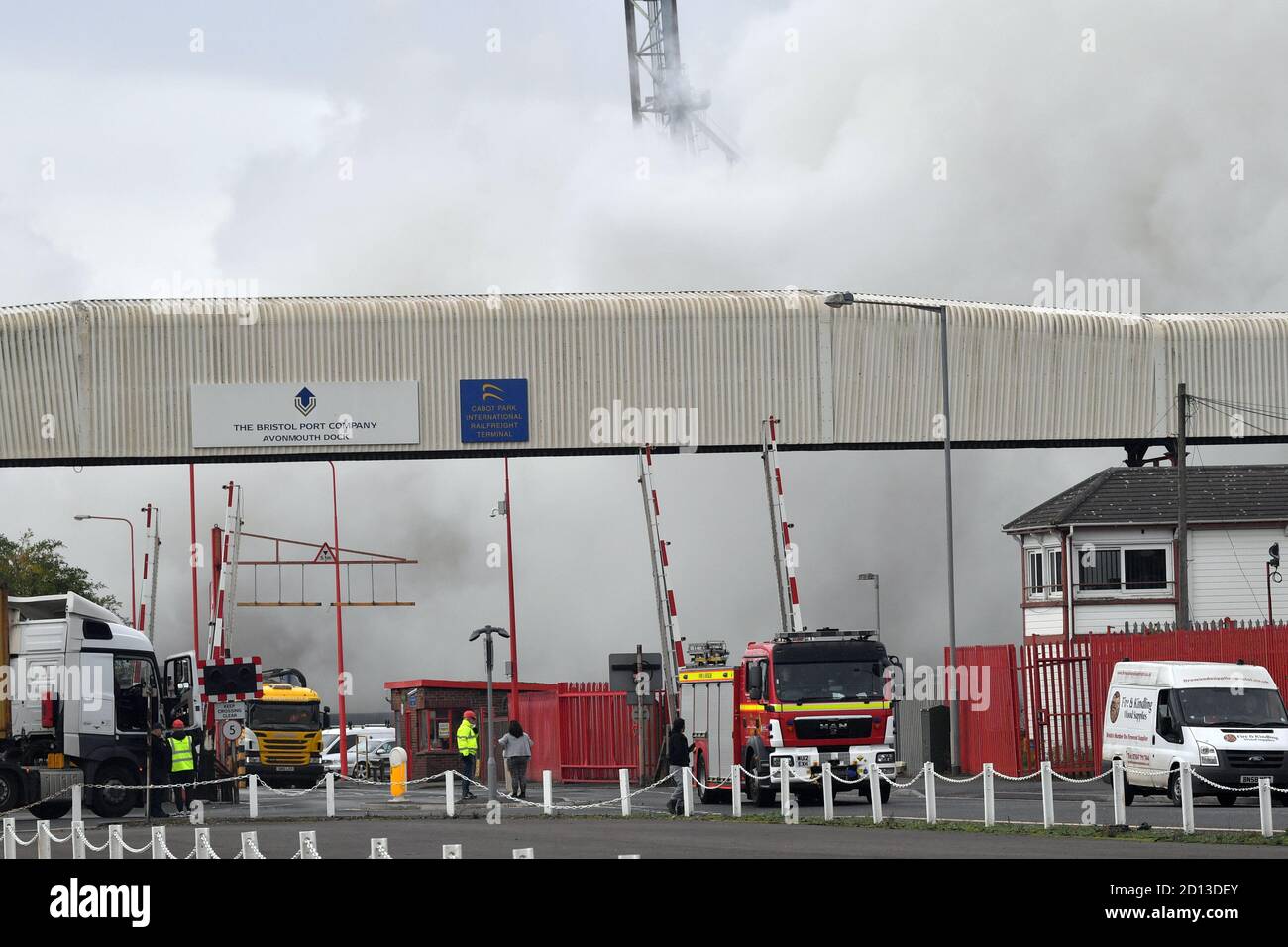 A fire engine at the entrance to Avonmouth Docks, where a fire in a ...