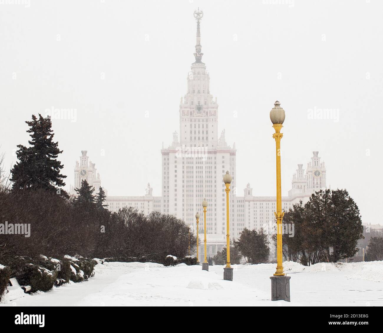 The main building of the Moscow University in winter. sight of Moscow ...