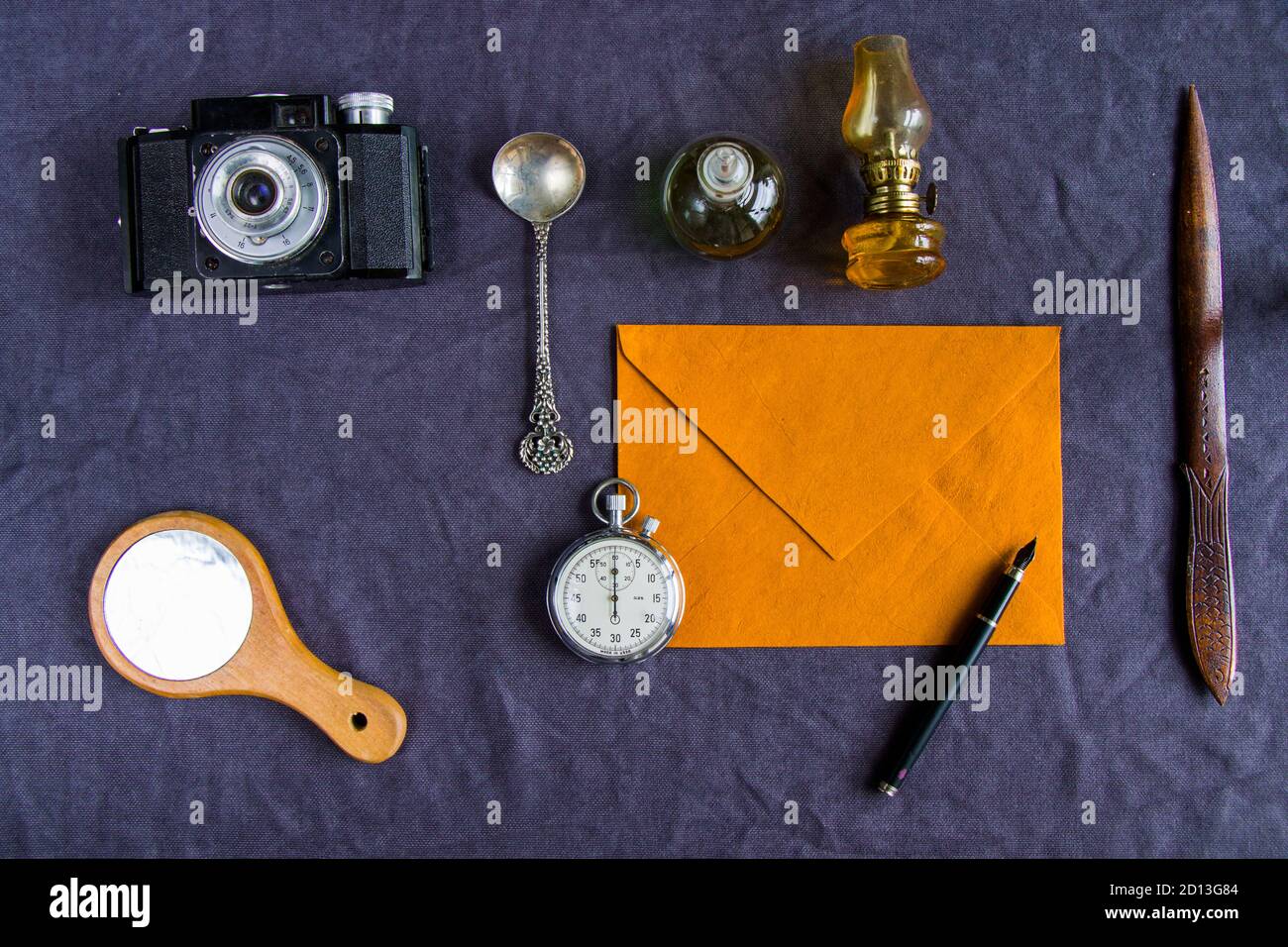 Vintage objects on the table, high angle view Stock Photo - Alamy