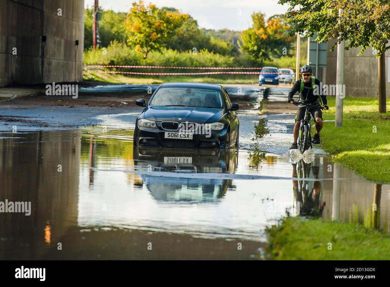 A car is stuck in flooding from an overflowing drain on the B9080 in ...