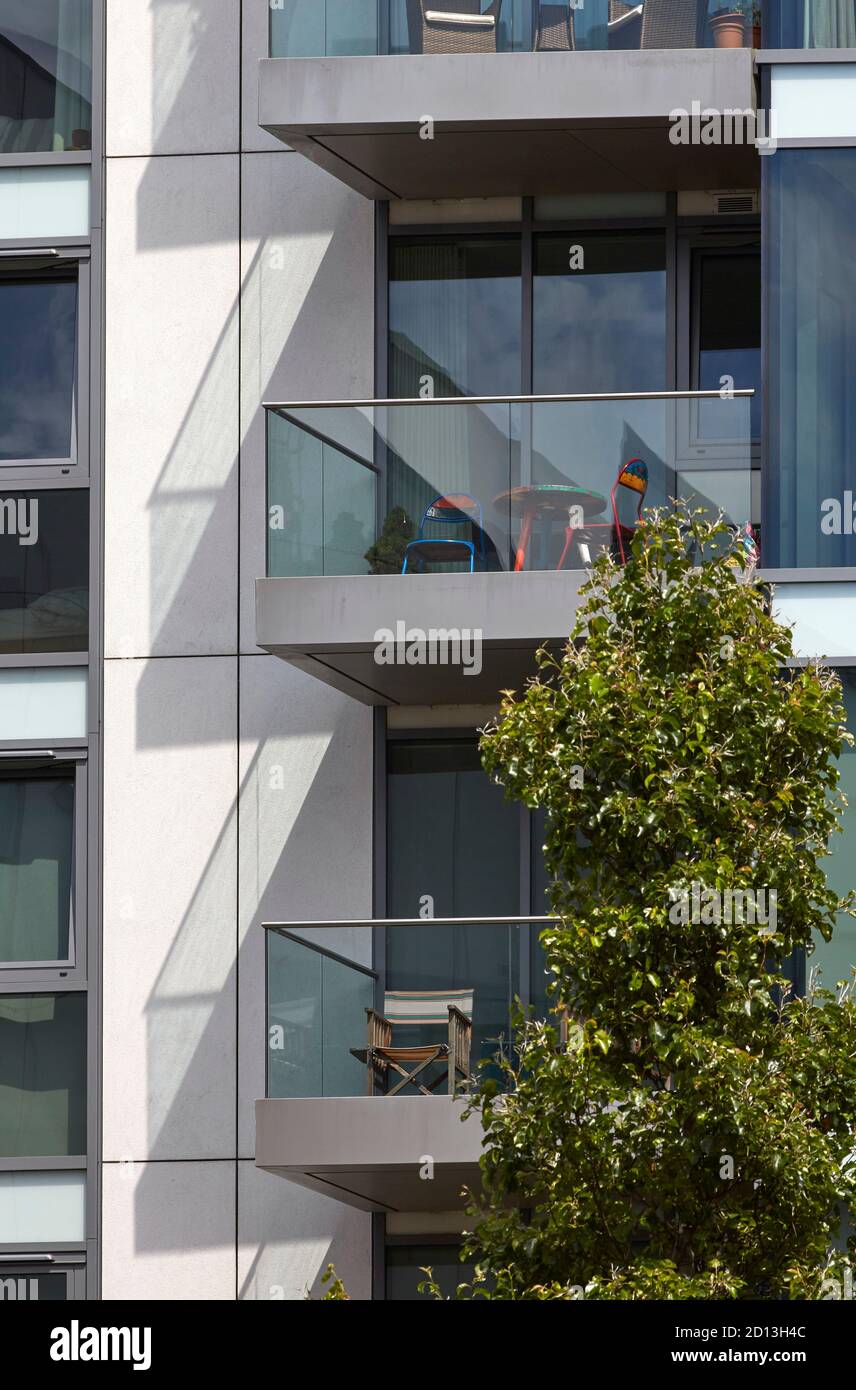 Balcony on residential development. London cityscape, streets and ...