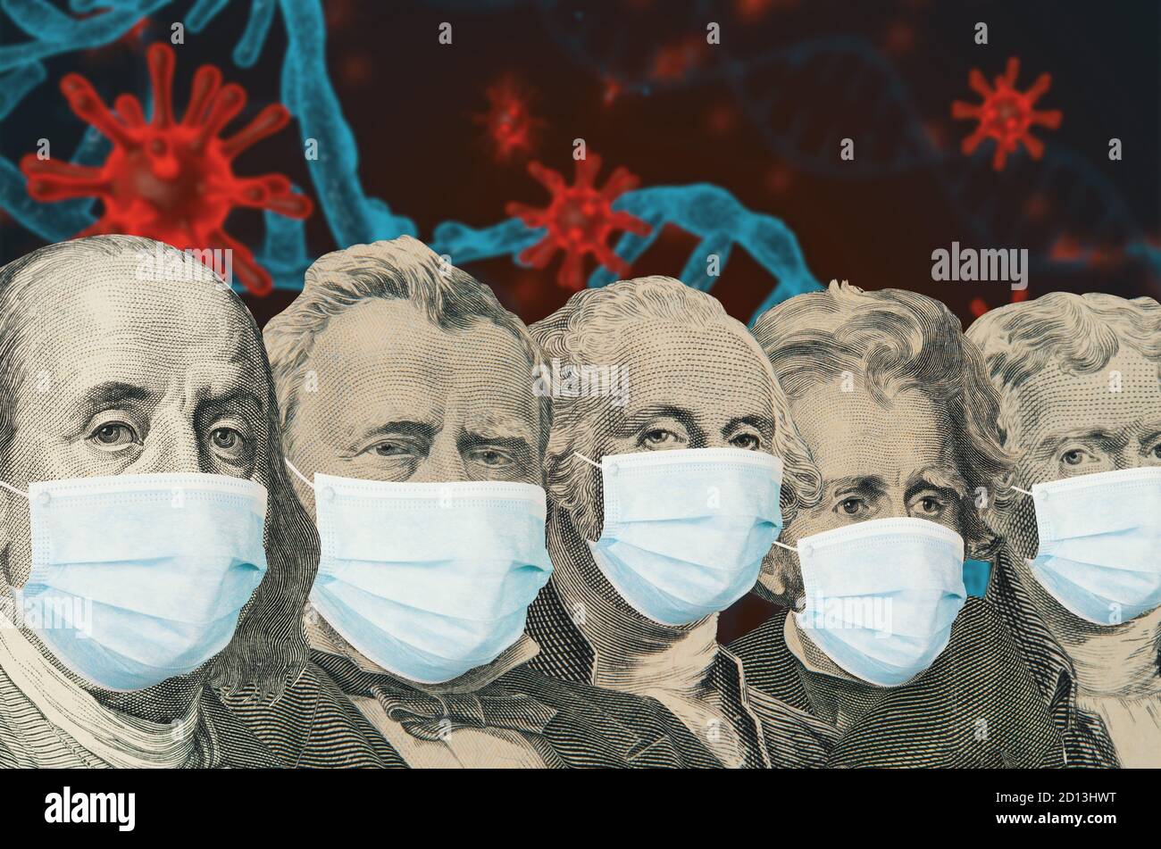 Different american presidents from dollar banknotes with a face masks ...