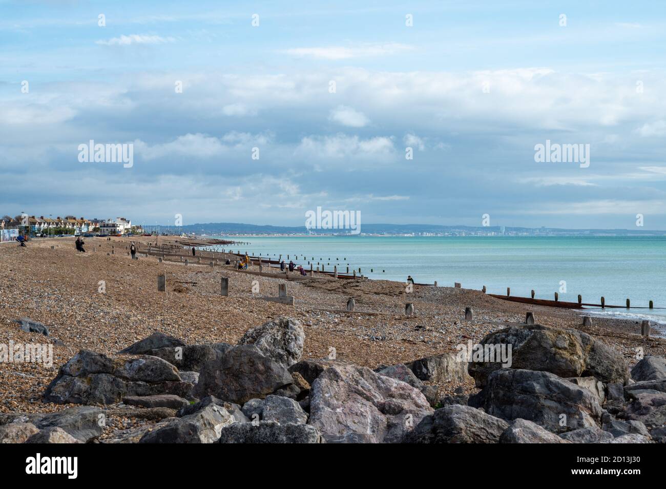 Looking east along Worthing beach and waterfront towards Shoreham and ...
