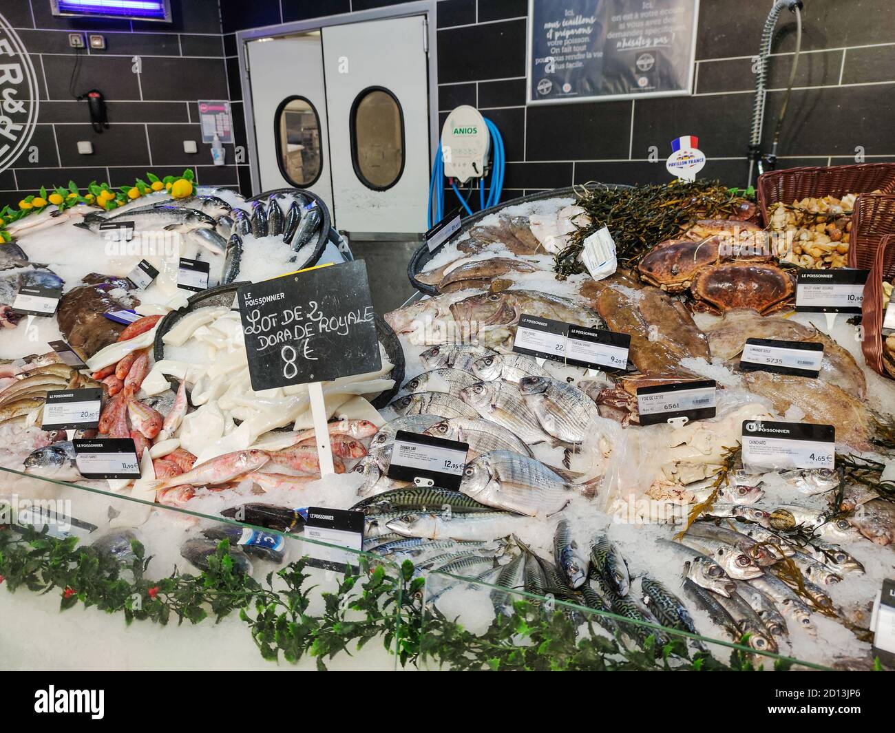 La Rochelle, France - October 3, 2020:French fish market. Atlantic ...