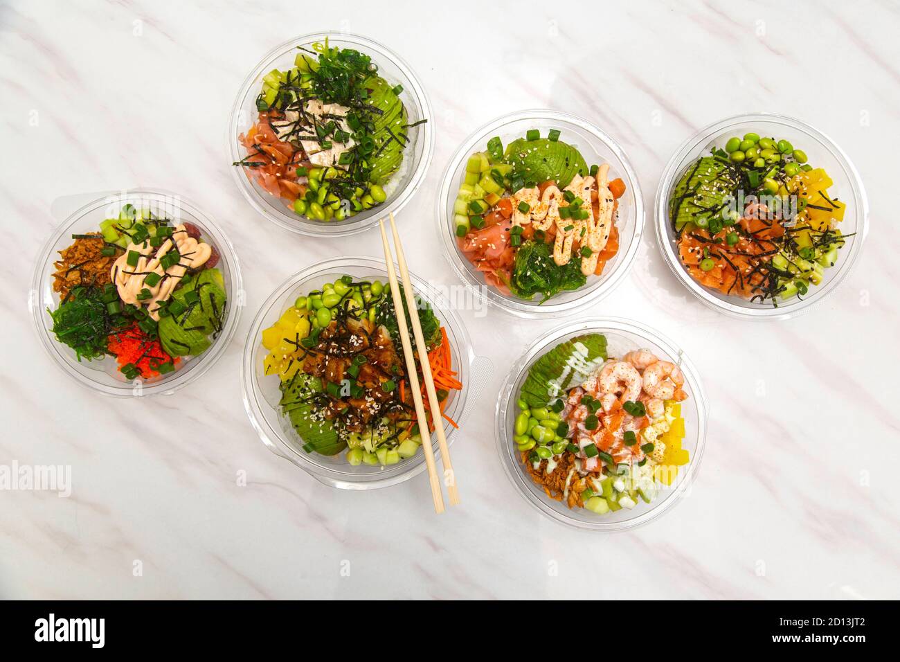 Japanese food seen from above, poke bowls Stock Photo - Alamy