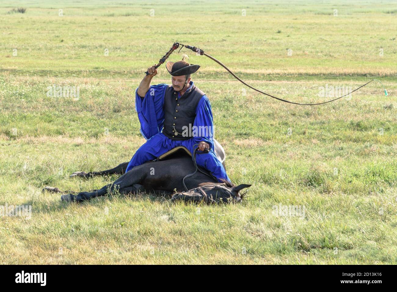 A Hungarian csikos / cowboy cracks his whip while sitting on his horse ...