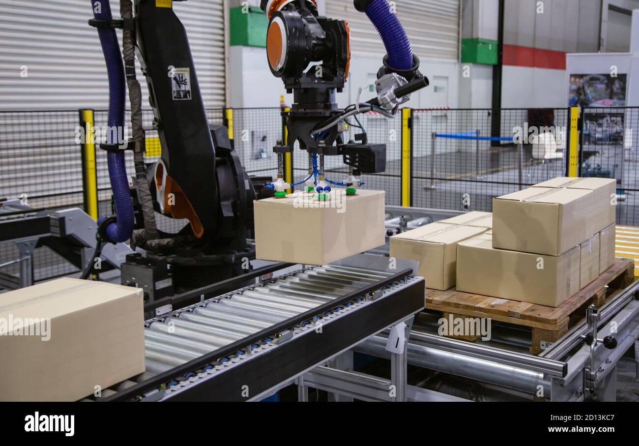 Industrial robot arm loading carton on conveyor in manufacturing ...