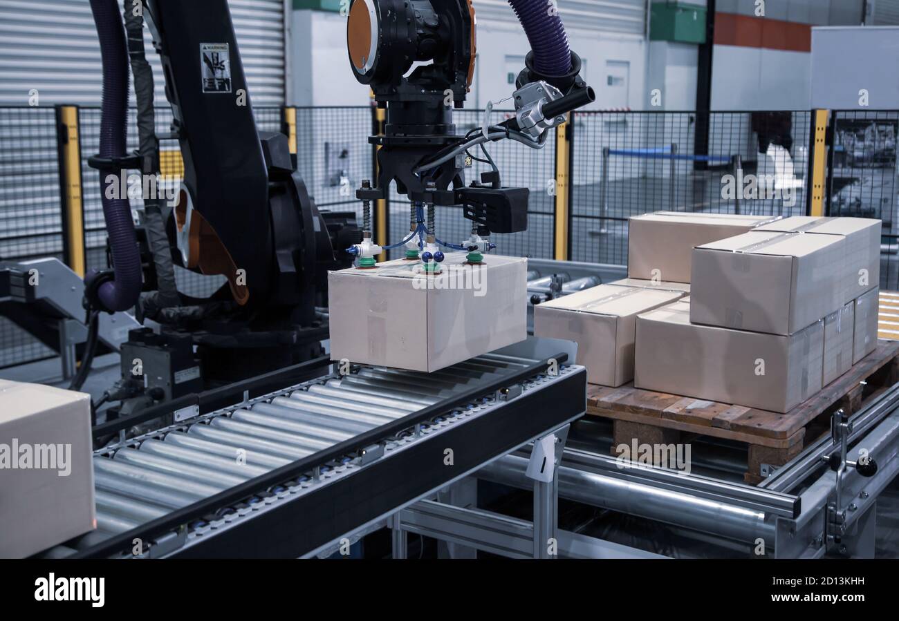Industrial robot arm loading carton on conveyor in manufacturing ...