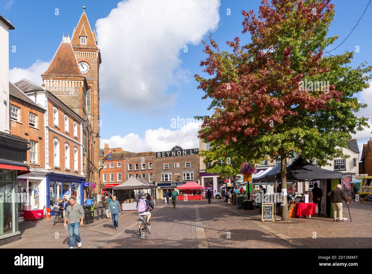 Clock tower of town hall and historic buildings in Market Place ...