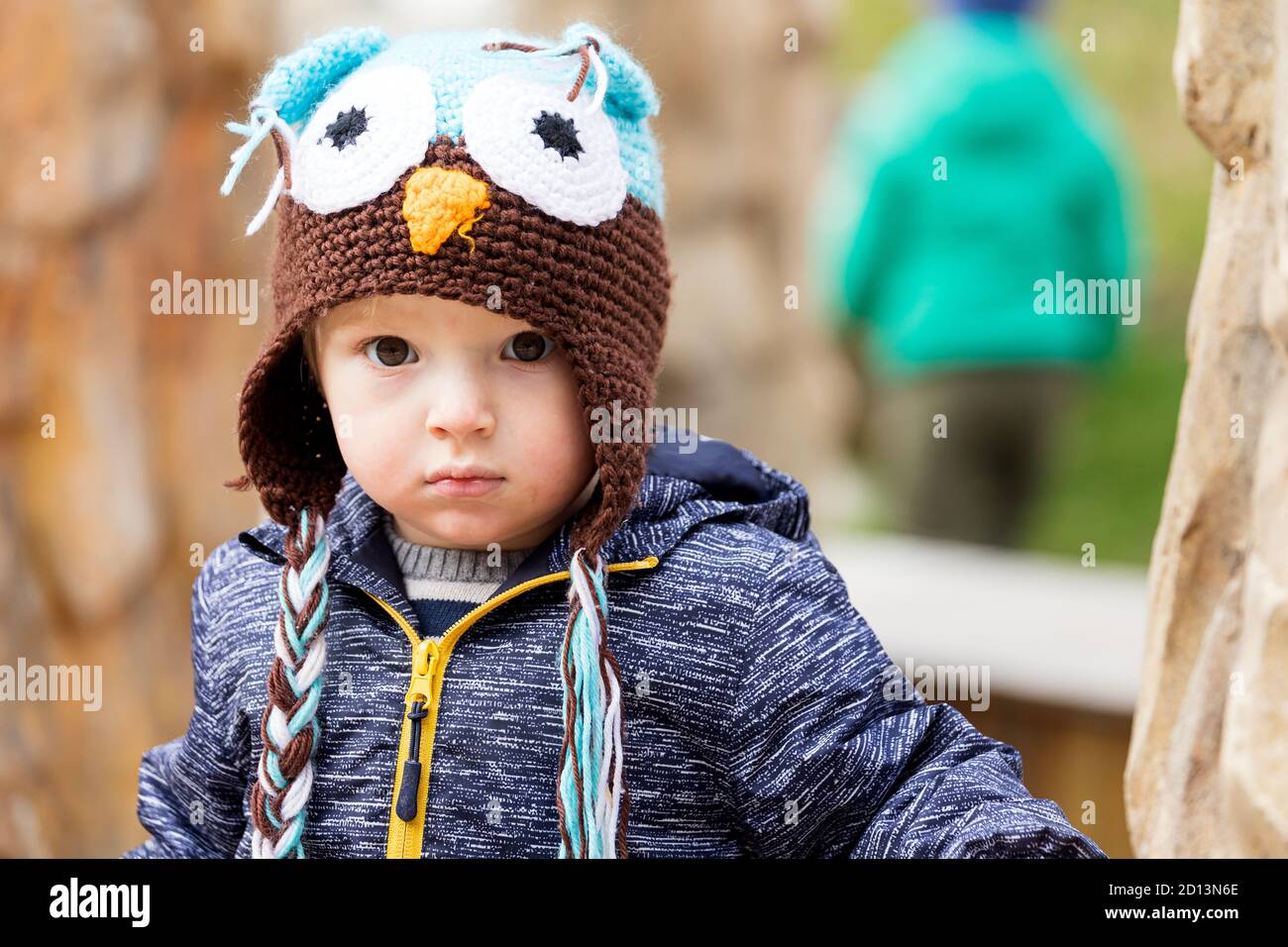 Portrait kid with thinking face walking alone in playground,Lonely boy ...