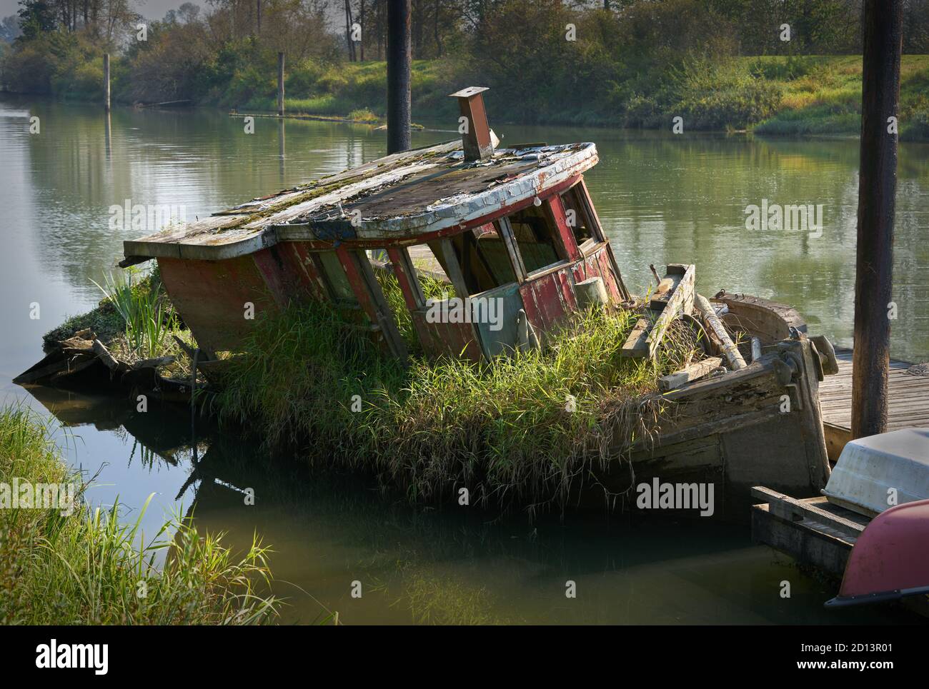 Sinking Decaying Ship. Tall grass takes over an abandoned boat on the ...