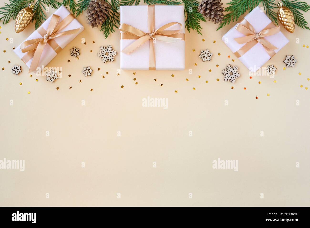 Christmas flat lay background with fir tree, present box and ...