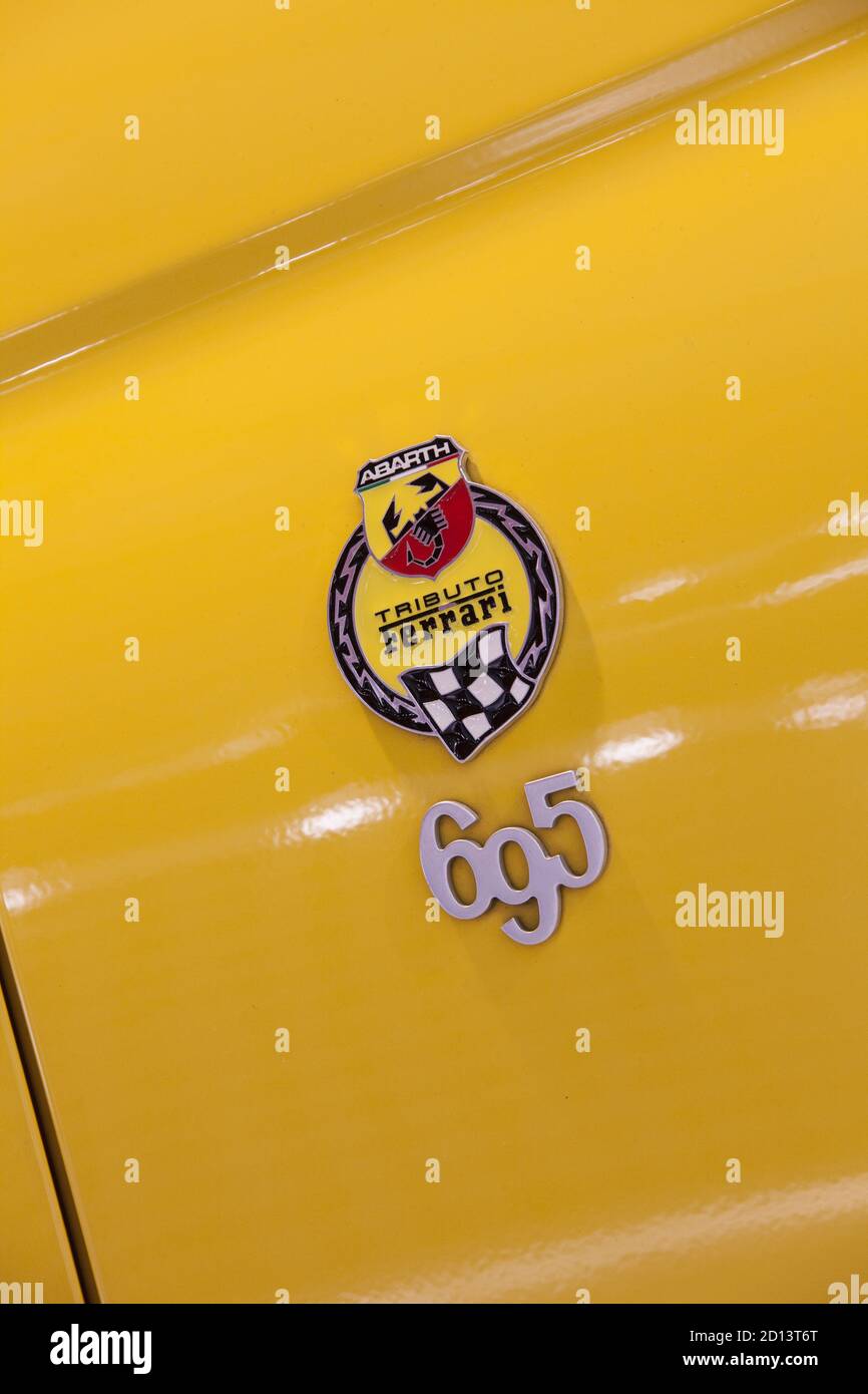 Fiat 500 Abarth 695 Tribute Ferrari edition badge detail Stock Photo ...