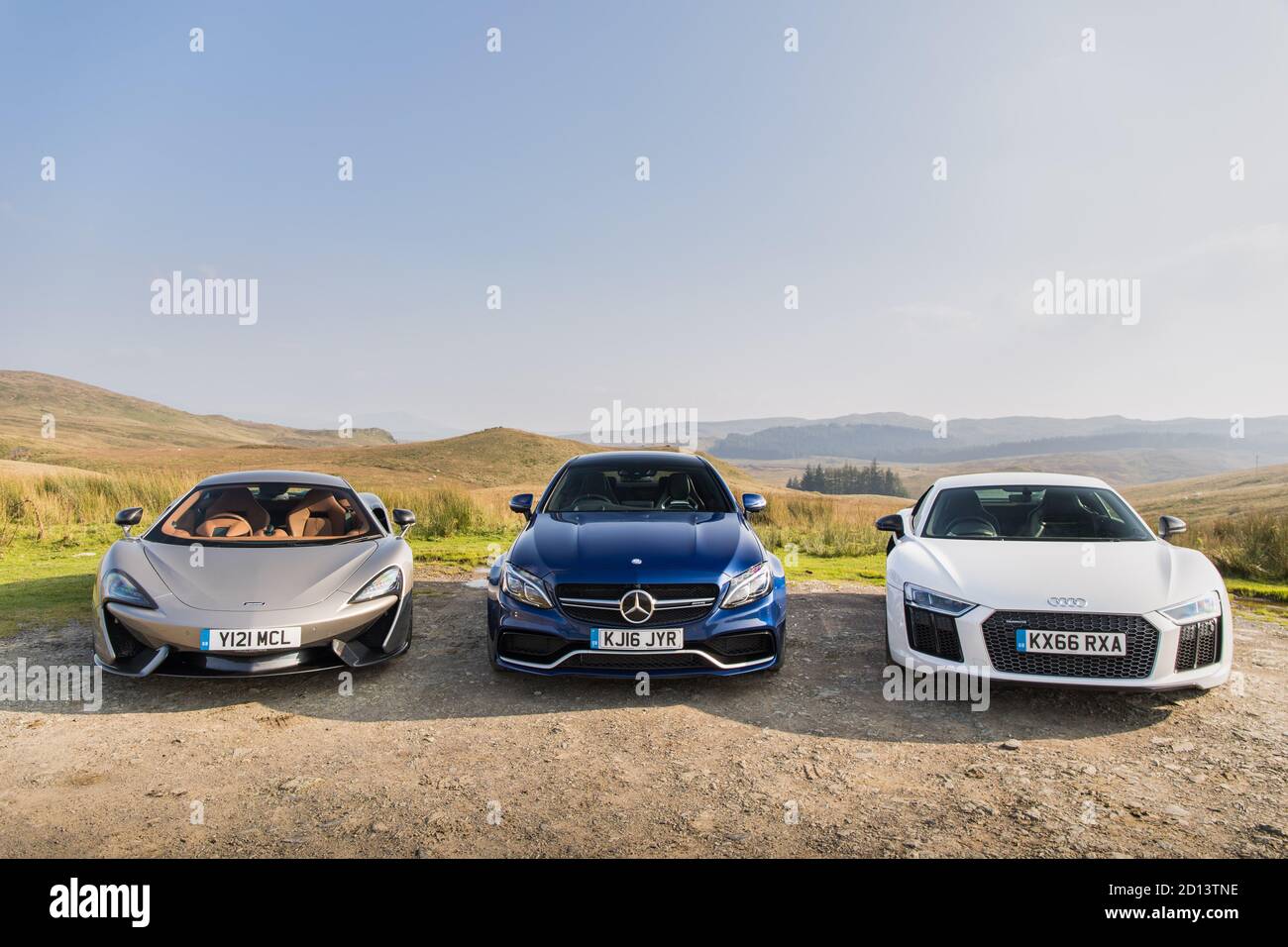 McLaren 570S, Audi R8 V10 Plus, Mercedes C63 AMG during the road test ...