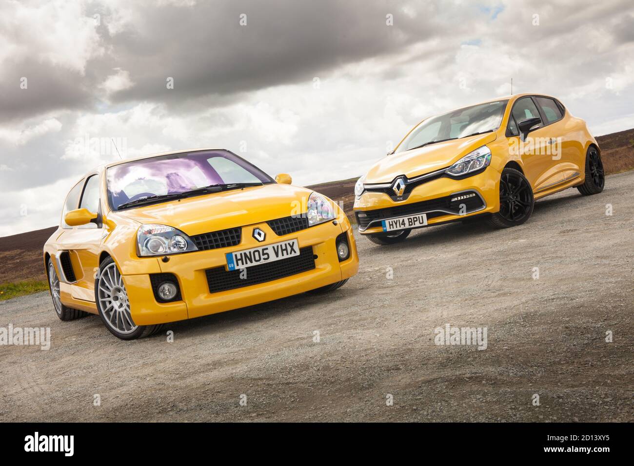 A Renault Clio mk 3 V6 and a Renault Clio mk 4 R.S. during a photoshoot ...