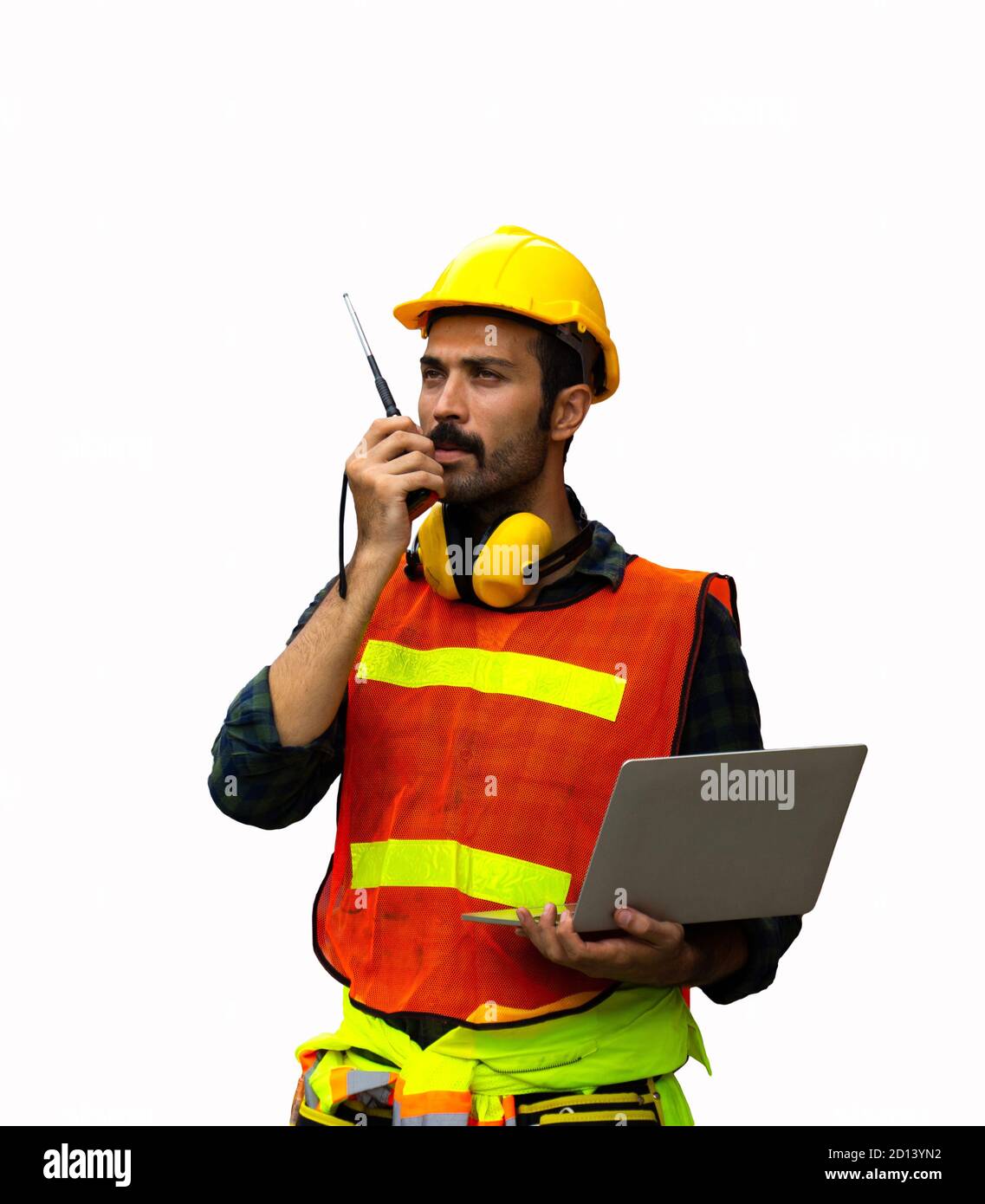 industrial worker using walkie talkie isolated on white background ...