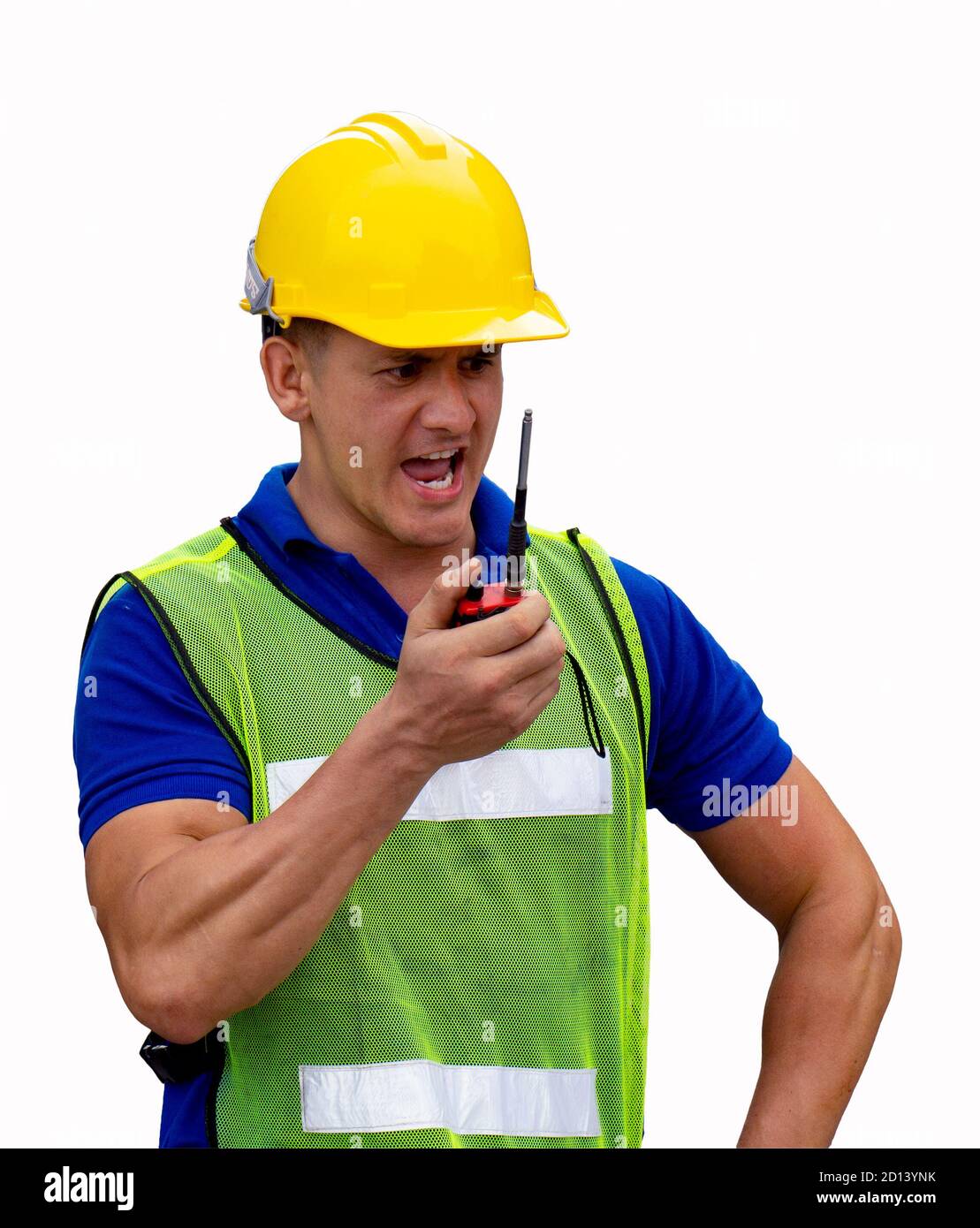 industrial worker using walkie talkie isolated on white background ...
