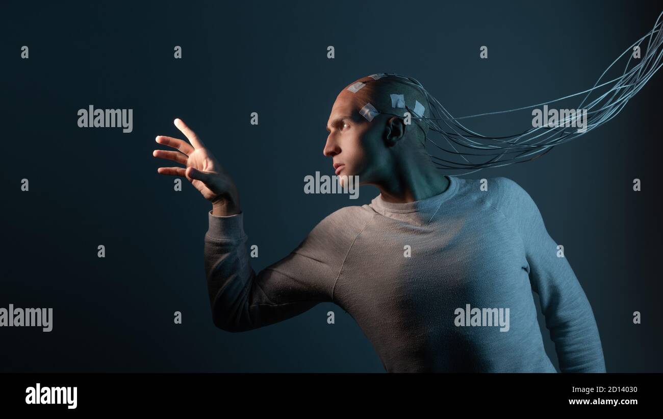 Bald man with electrodes in his brain , futuristic concept, cyberpunk ...