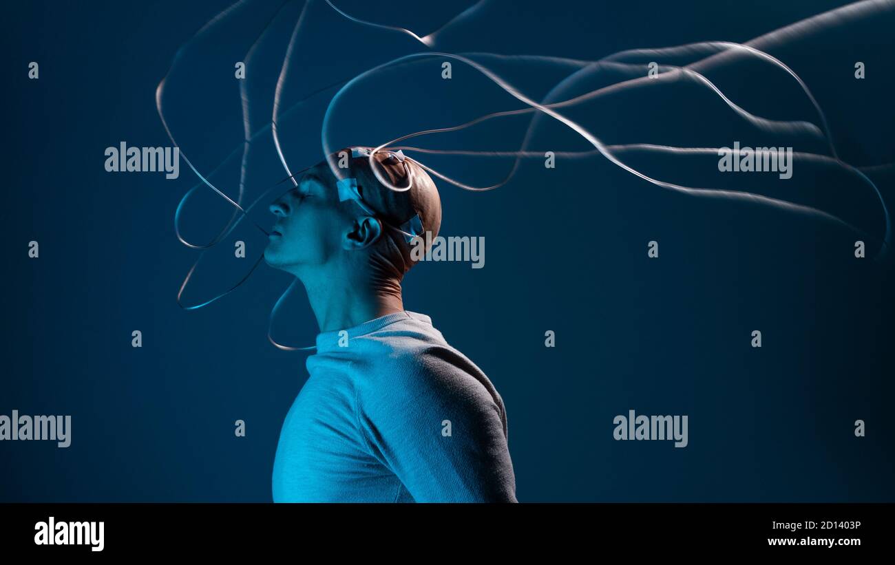 Bald man with electrodes in his brain, a man of the future with ...