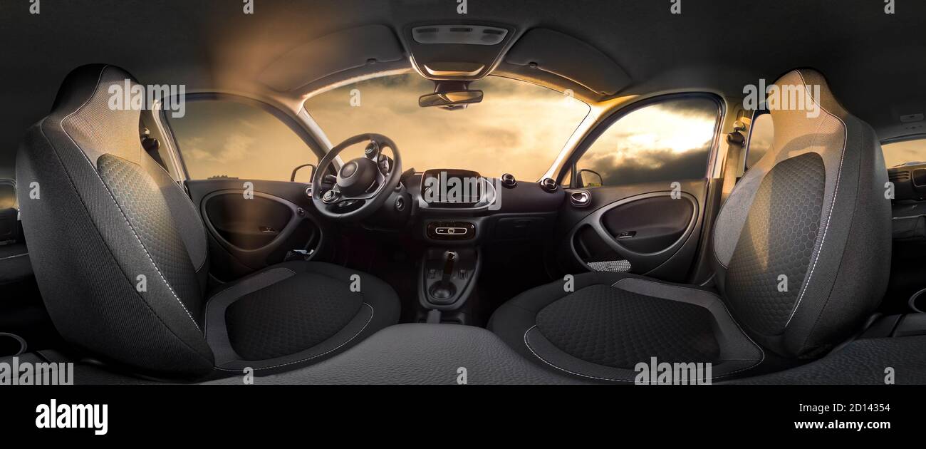 Electric small car interior view as 360 degree panorama. The rear seats ...